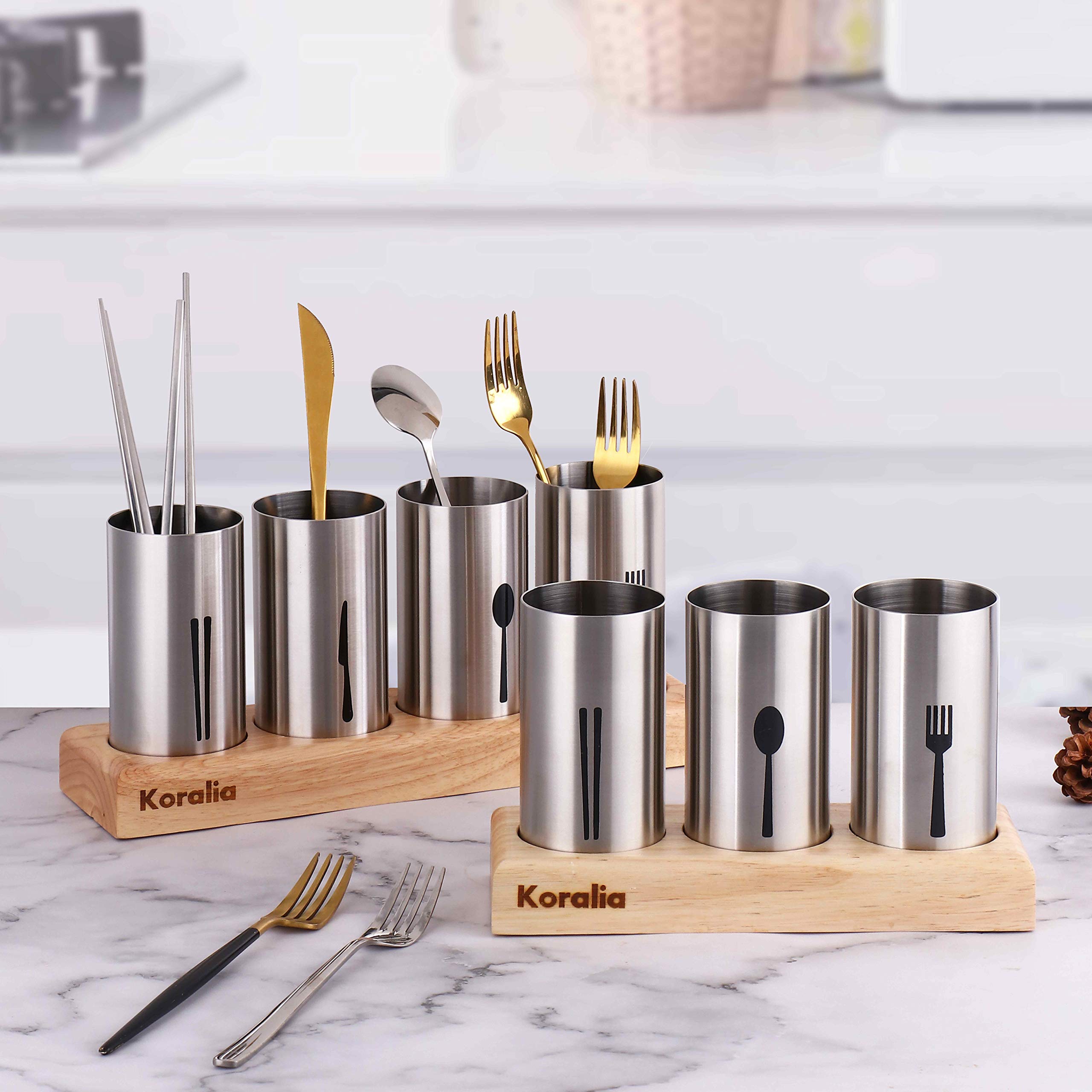 Koralia Home Stainless Steel Flatware & Silverware 3PC 4PC Organizer Organiser Cutlery Holder with Wood Base for Spoons, Forks, Knives – Ideal for Kitchen, Dining, and Much More (3PCS)