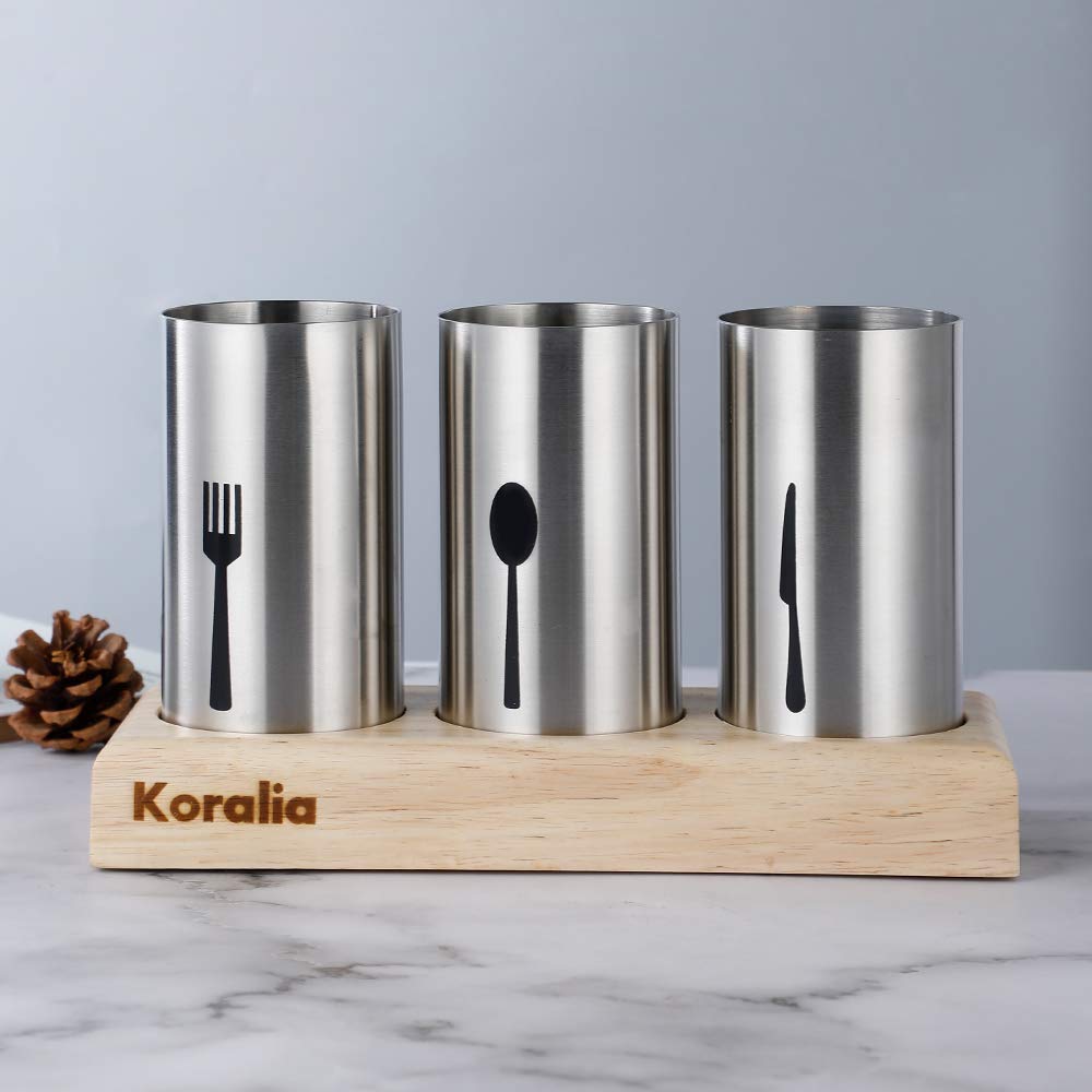 Koralia Home Stainless Steel Flatware & Silverware 3PC 4PC Organizer Organiser Cutlery Holder with Wood Base for Spoons, Forks, Knives – Ideal for Kitchen, Dining, and Much More (3PCS)