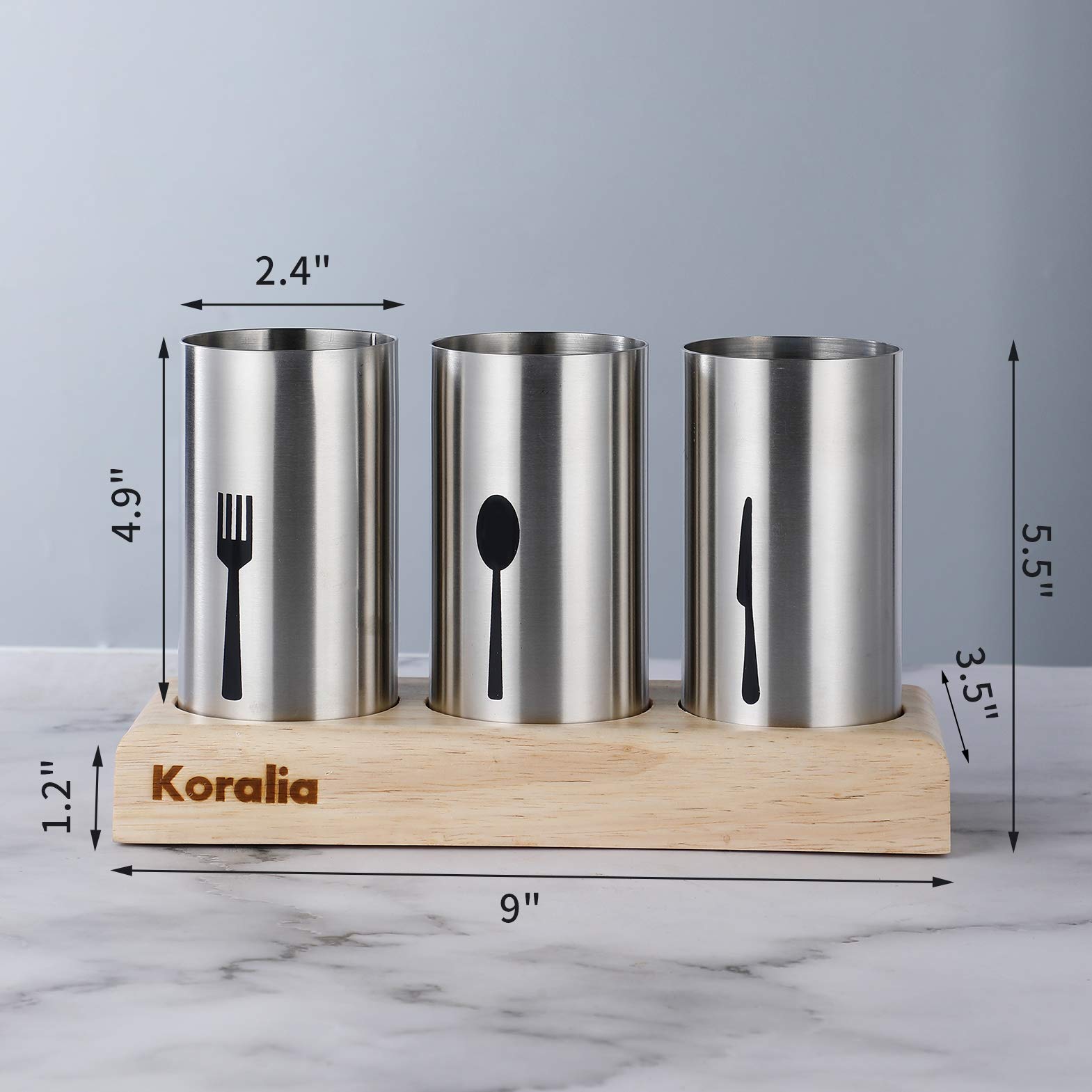 Koralia Home Stainless Steel Flatware & Silverware 3PC 4PC Organizer Organiser Cutlery Holder with Wood Base for Spoons, Forks, Knives – Ideal for Kitchen, Dining, and Much More (3PCS)