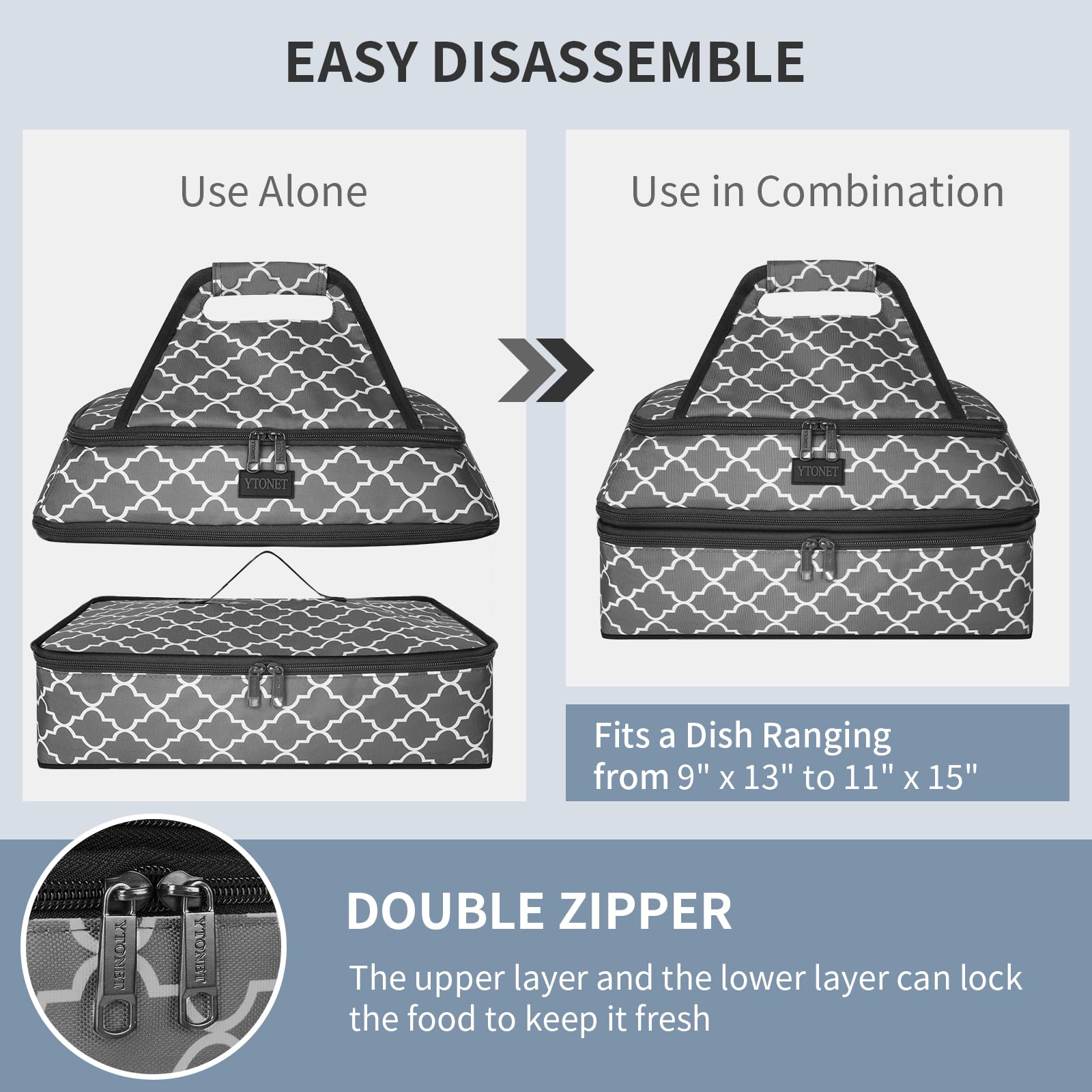 Casserole Carrier, Removable Casserole Carriers for Hot or Cold Food, Double Lasagna Holder Tote with Tableware Layer, Insulated Tote Bag for Potlucks, Parties, Picnics, Beaches, Camping, Grey