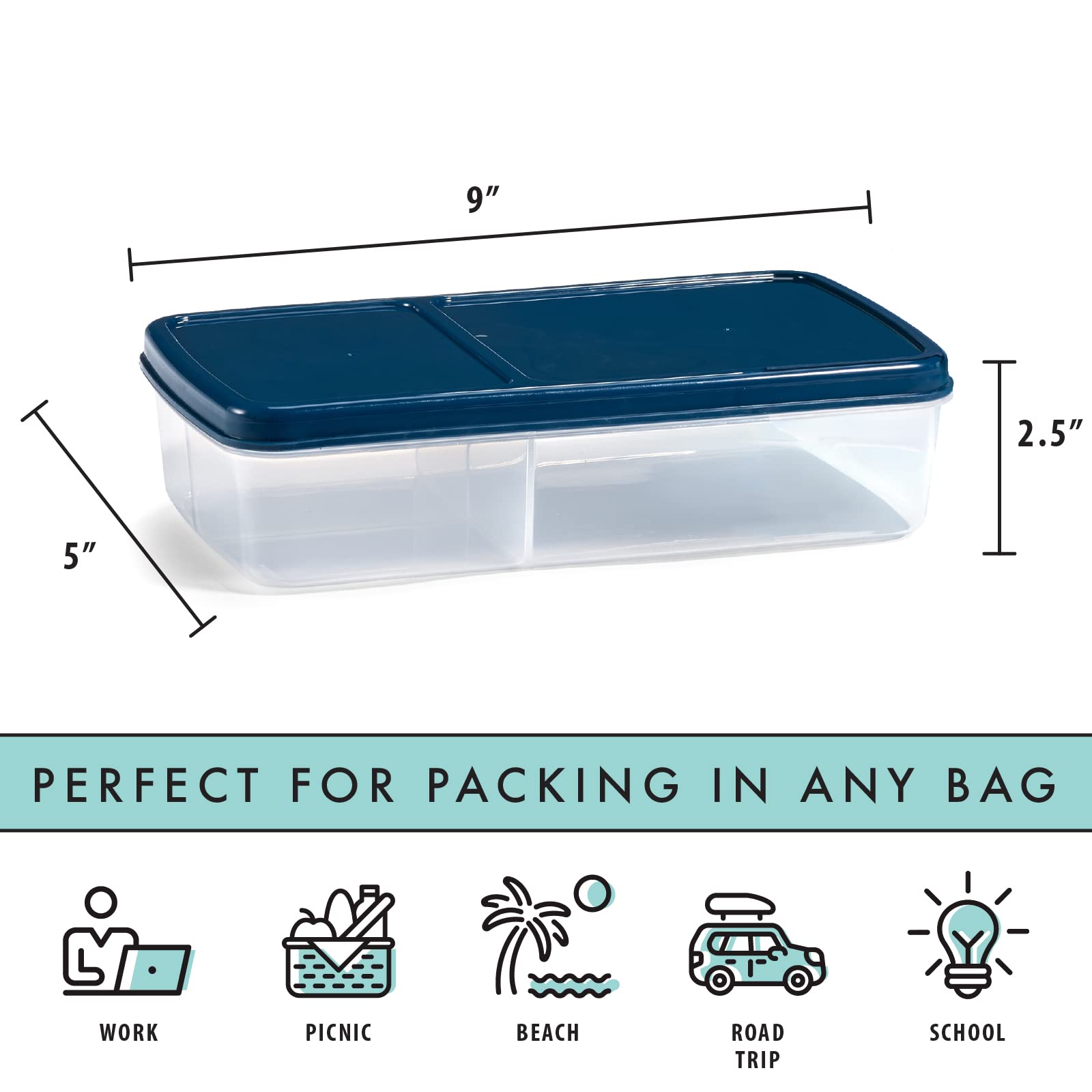 LOTG by Fit + Fresh Bento Box Kit, Three-Compartment Lunch Container Includes 2 Slim Ice Packs, Reusable & Leak-Resistant, Perfect for Insulated Lunch Bag, Lunch Box & More, Navy