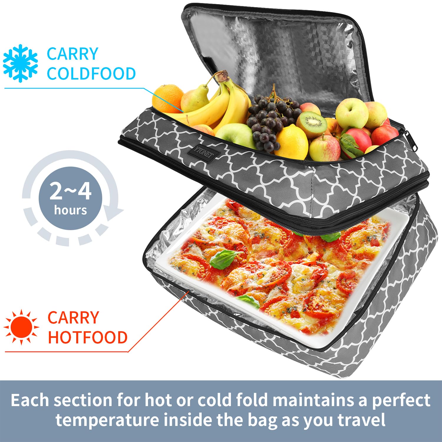 Casserole Carrier, Removable Casserole Carriers for Hot or Cold Food, Double Lasagna Holder Tote with Tableware Layer, Insulated Tote Bag for Potlucks, Parties, Picnics, Beaches, Camping, Grey