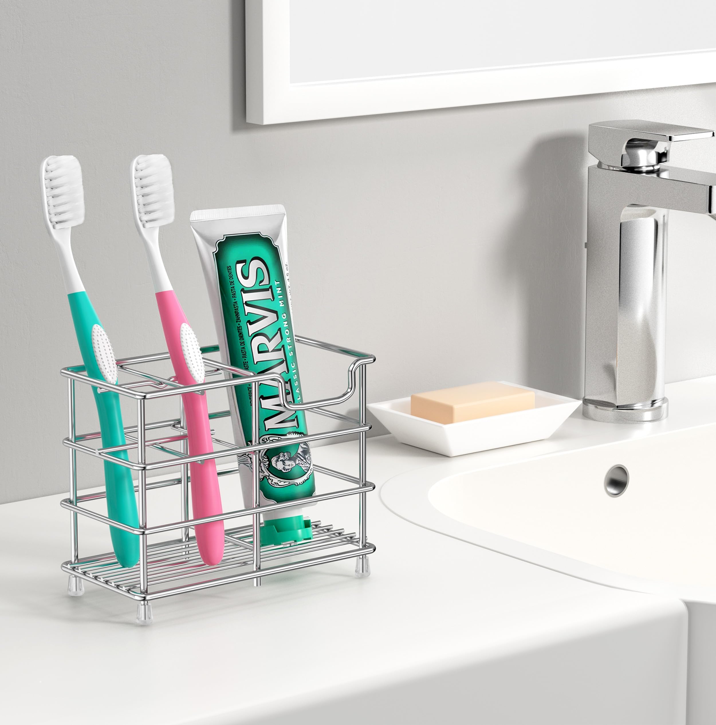 HBlife Small Toothbrush Holder for Bathroom, 5 Slots Silver Stainless Steel Bathroom Accessories Organizer for Small Spaces