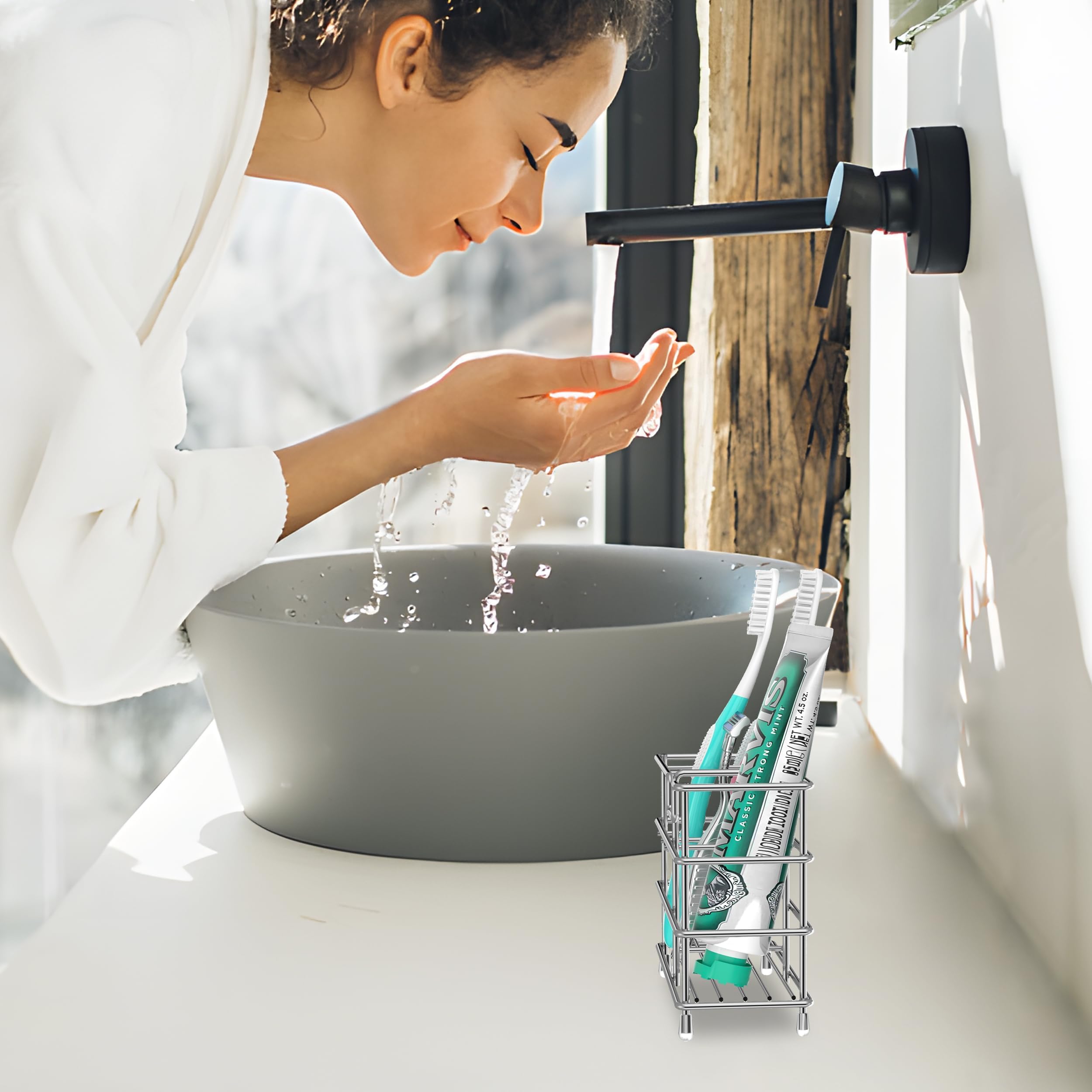 HBlife Small Toothbrush Holder for Bathroom, 5 Slots Silver Stainless Steel Bathroom Accessories Organizer for Small Spaces