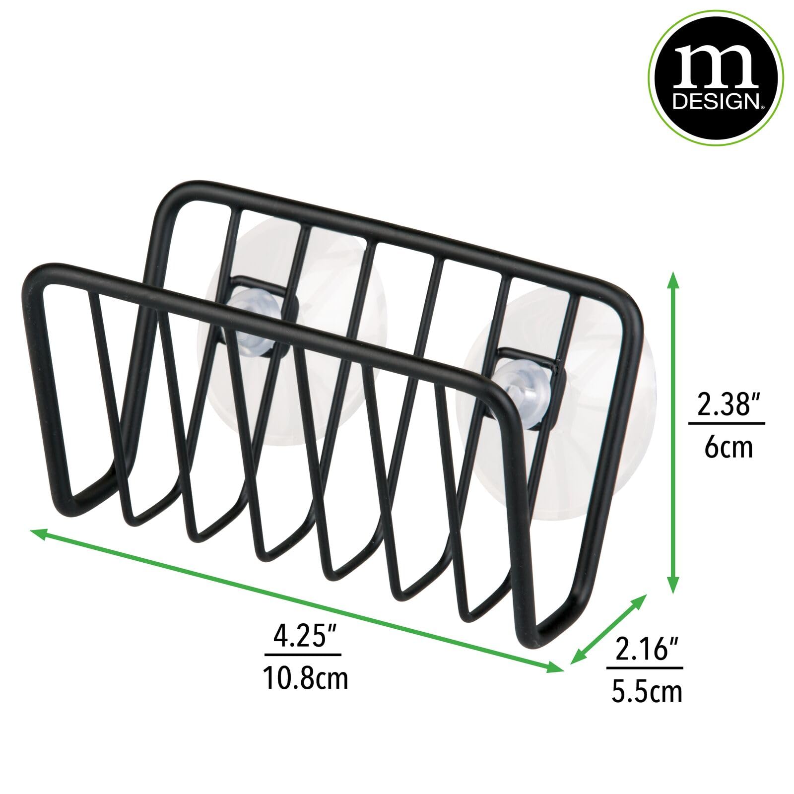 mDesign Metal Farmhouse Kitchen Sink Storage Organizer Caddy - Small Holder for Sponges, Soaps, Scrubbers - Quick Drying Open Wire Basket Design with Strong Suction Cups - Matte Black