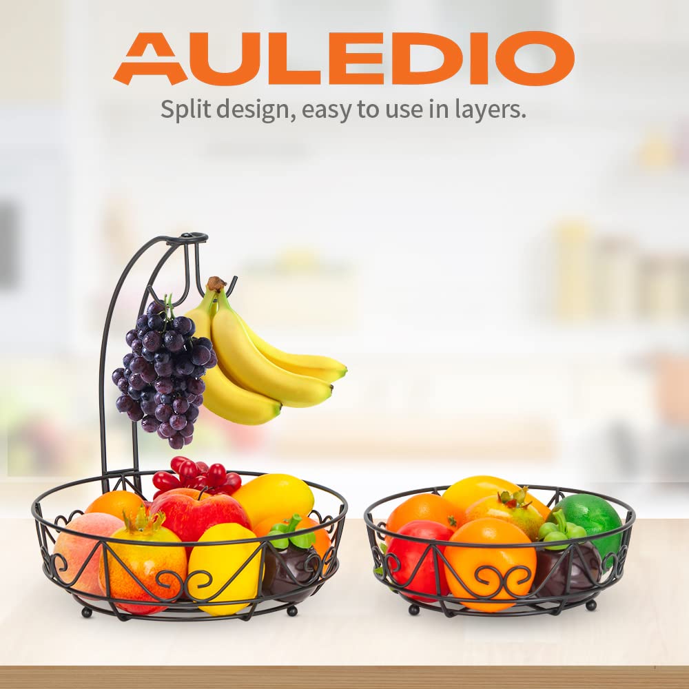 Auledio 2-Tier Countertop Fruit Vegetables Basket Bowl Storage With Double Banana Hanger, Black