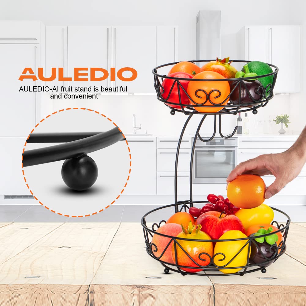 Auledio 2-Tier Countertop Fruit Vegetables Basket Bowl Storage With Double Banana Hanger, Black