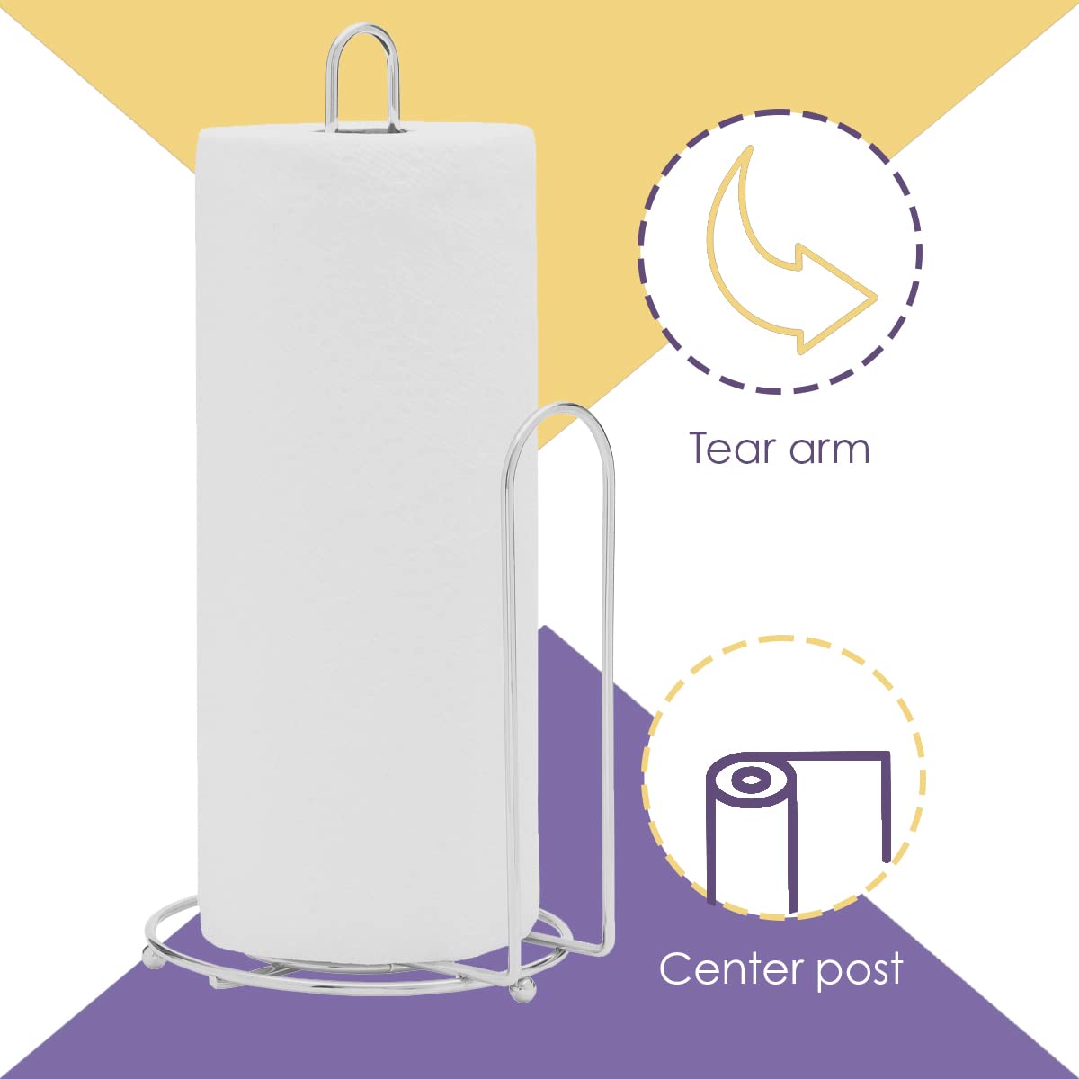 Free-Standing Paper Towel Holder with Easy-Tear Arm (Chrome), by Home Basics | Countertop Paper Towel Holder with Non-Skid Feet | Kitchen Paper Towels Holder