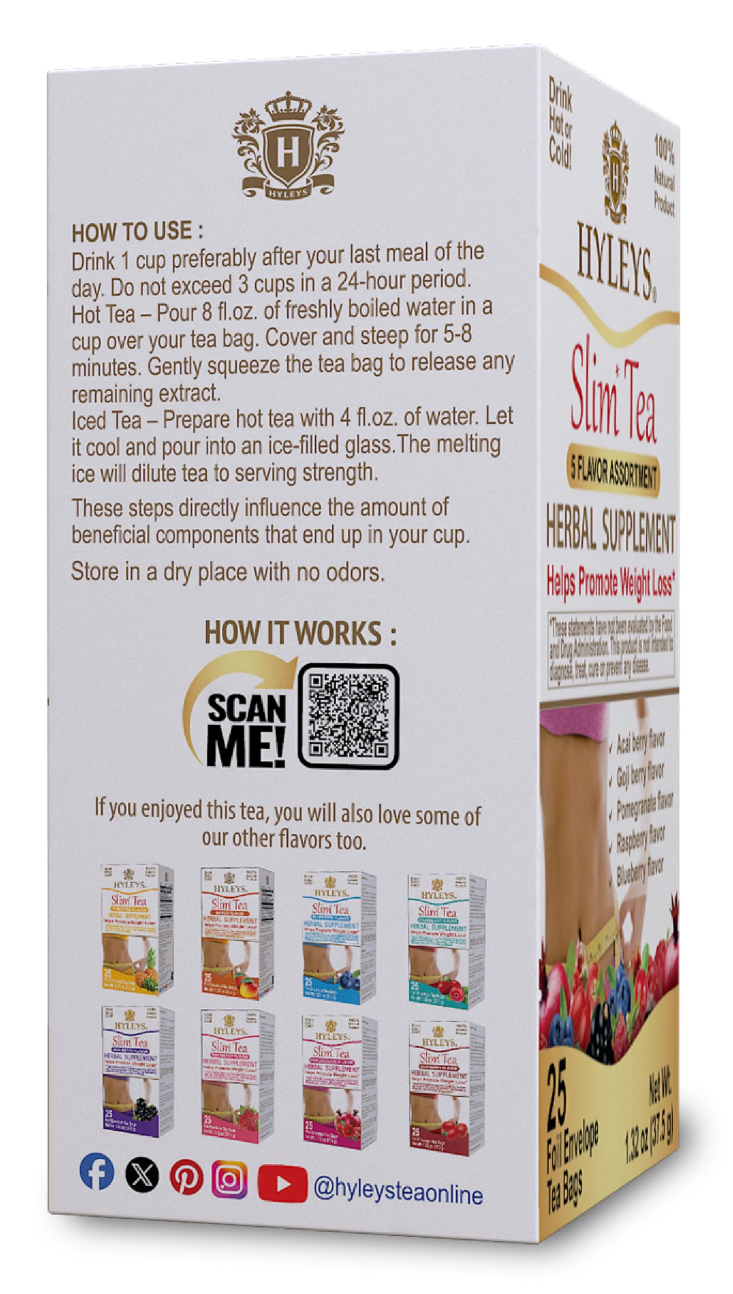 Hyleys Slim Tea 5 Flavor Assortment - Weight Loss Herbal Supplement Cleanse and Detox - 25 Tea Bags (1 Pack)
