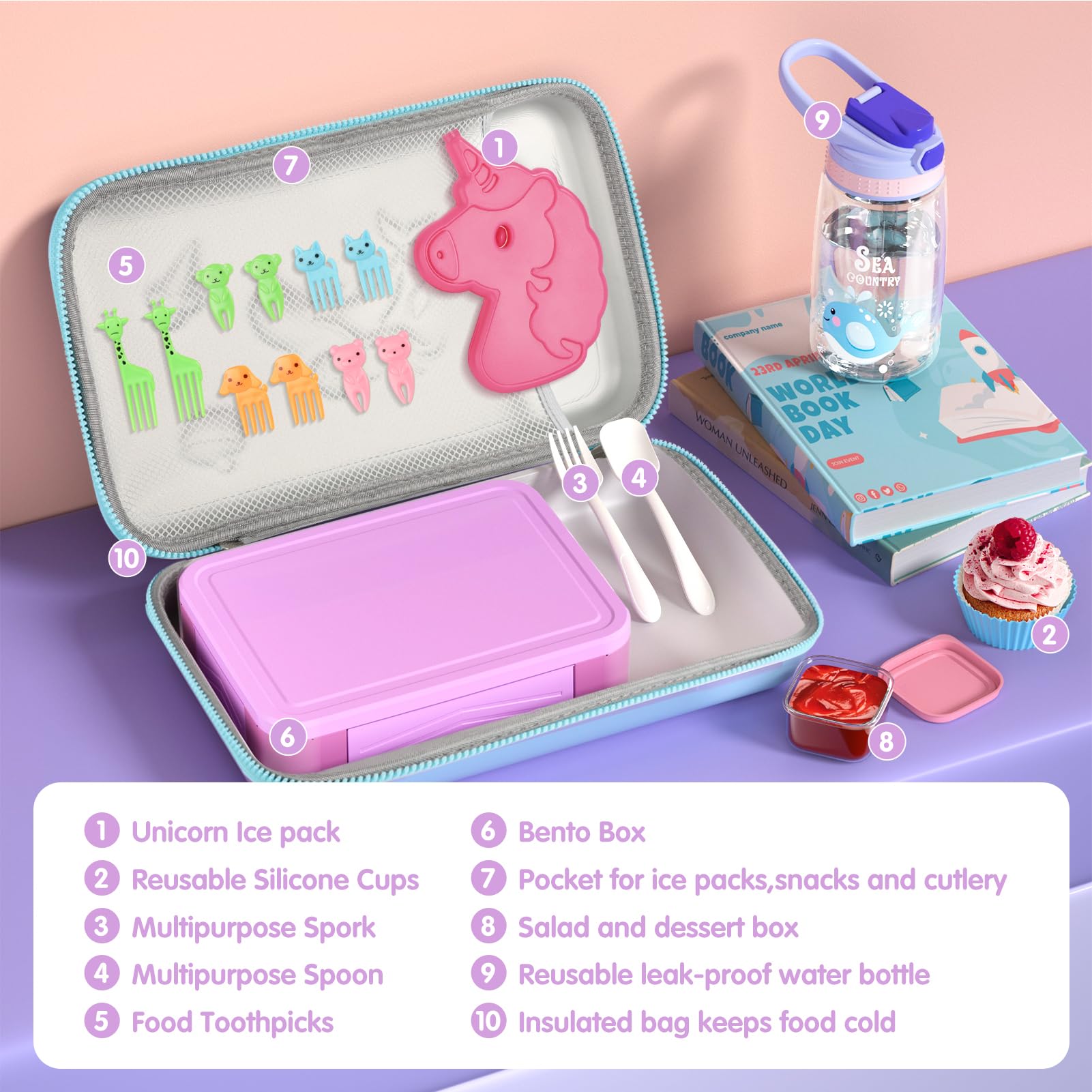 WayEee Lunch Box with Lunch Bag Bento Box Set for Girls - Insulated Lunch Bag with 4 Compartment Bento Box Water Bottle Ice Pack Silicon Cap Salad Container for Kids Back to School Ideal for Age 6-15