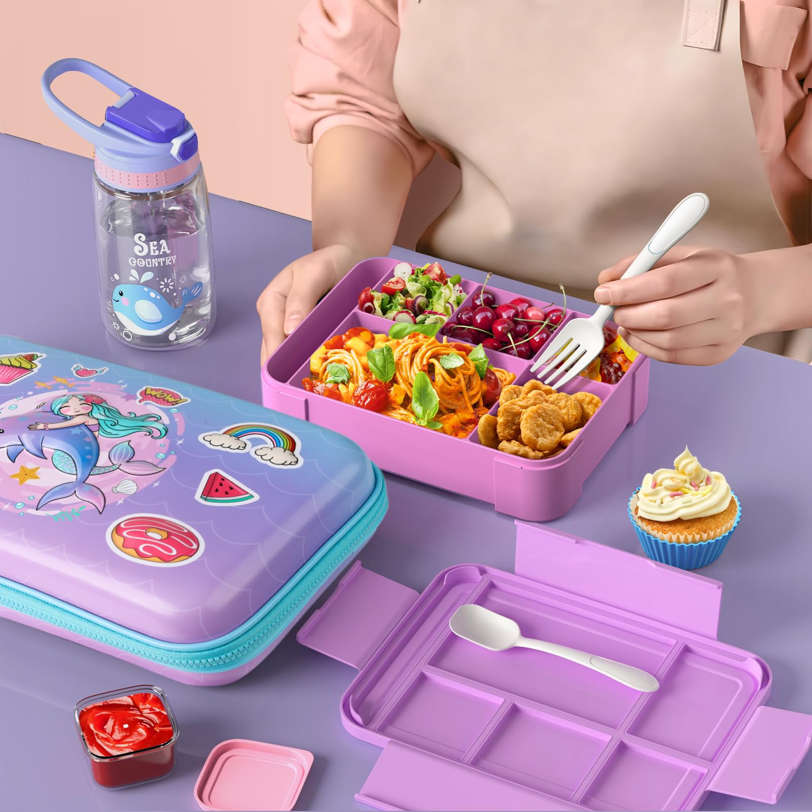 WayEee Lunch Box with Lunch Bag Bento Box Set for Girls - Insulated Lunch Bag with 4 Compartment Bento Box Water Bottle Ice Pack Silicon Cap Salad Container for Kids Back to School Ideal for Age 6-15