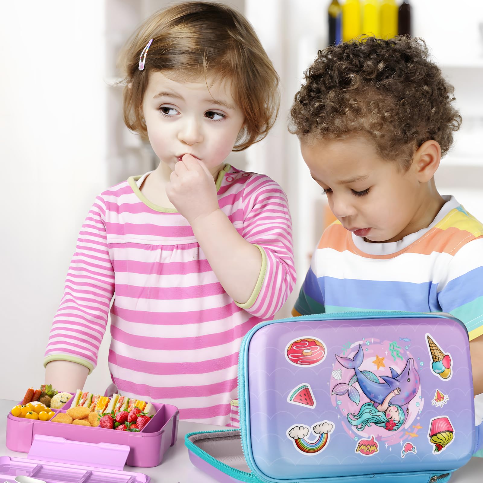 WayEee Lunch Box with Lunch Bag Bento Box Set for Girls - Insulated Lunch Bag with 4 Compartment Bento Box Water Bottle Ice Pack Silicon Cap Salad Container for Kids Back to School Ideal for Age 6-15
