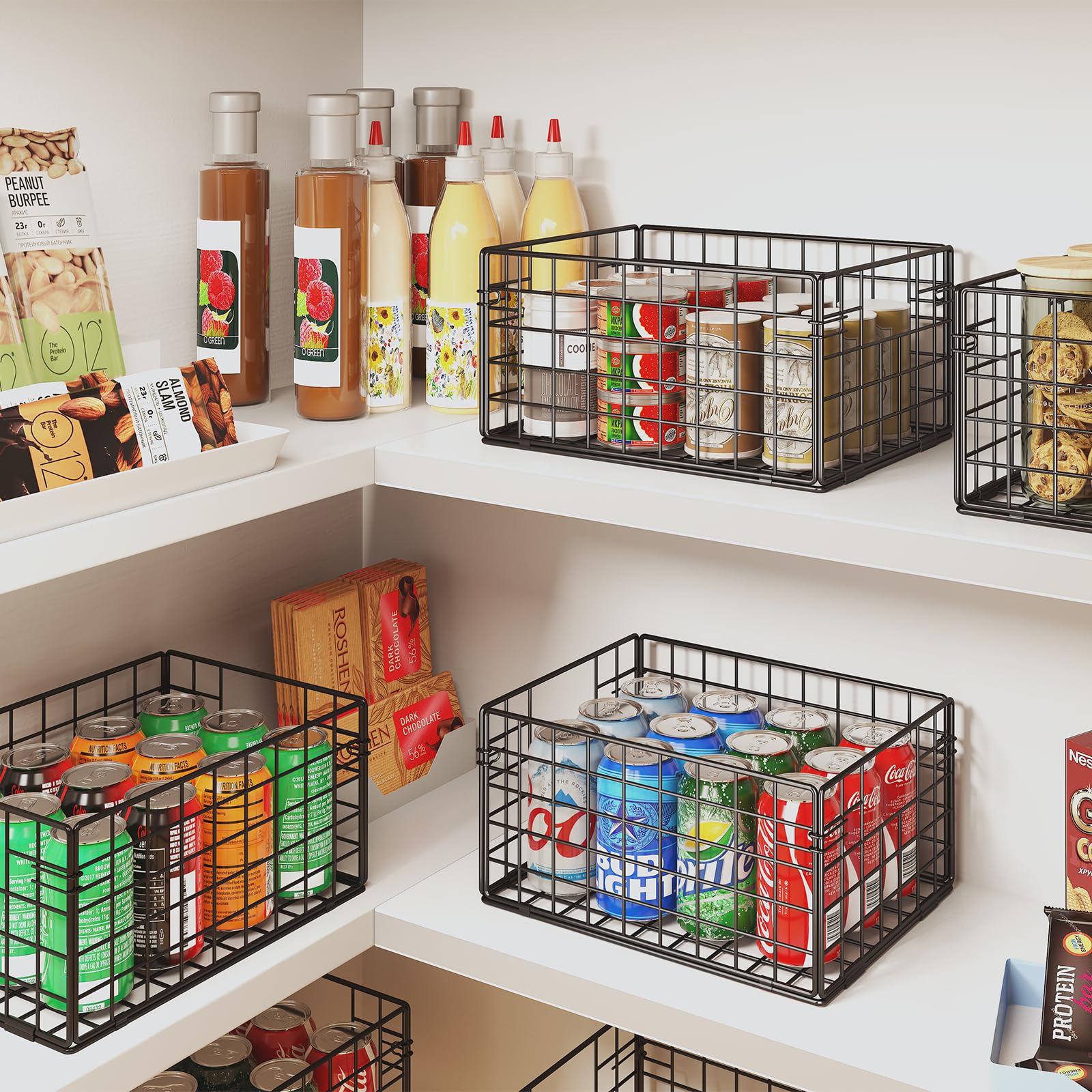 X-cosrack Foldable Cabinet Wall Mount Metal Wire Basket Organizer with Handles - 4 Pack, 12" x 12" X 6"Farmhouse Food Storage Mesh Bin for Kitchen Pantry Laundry Closet Garage Patent Design