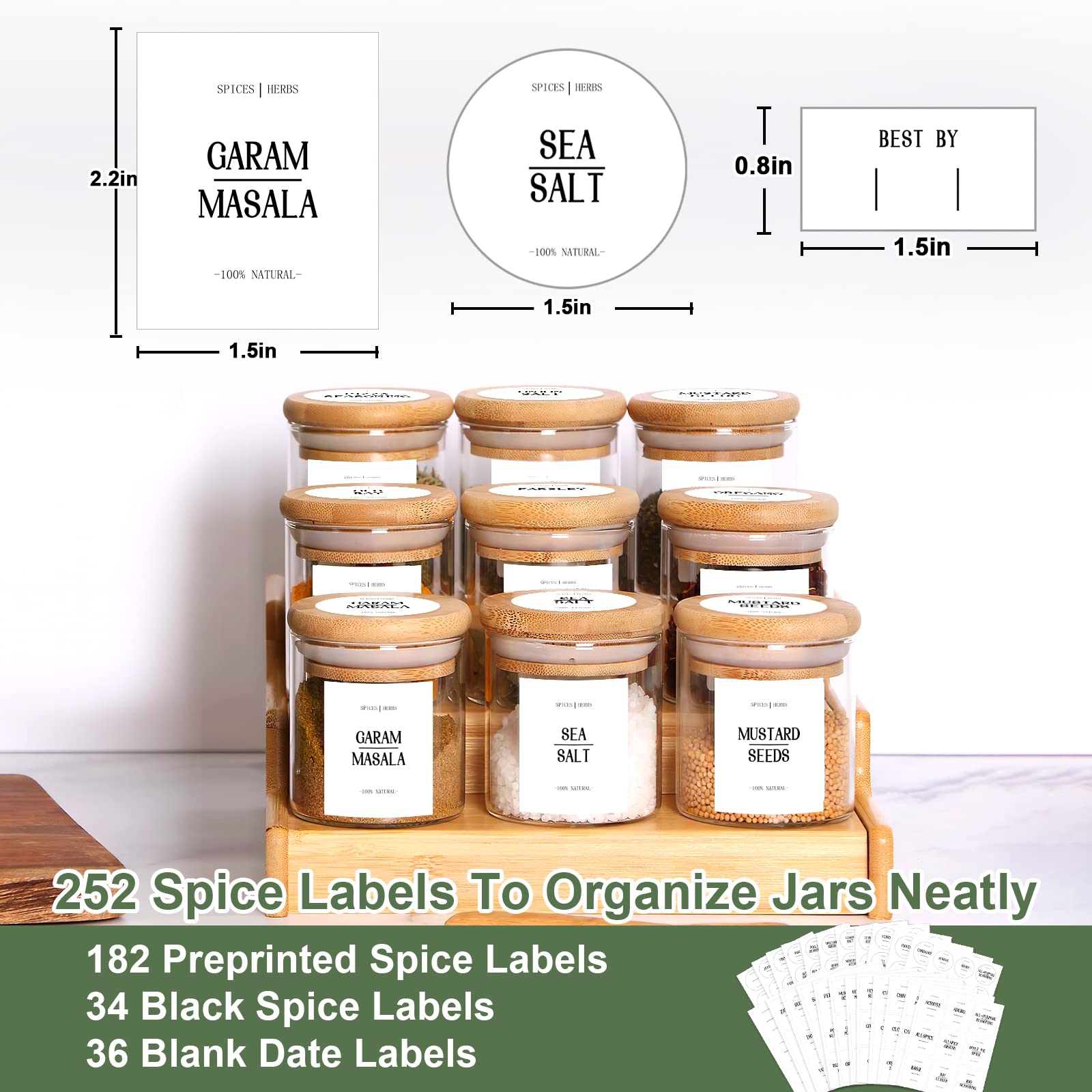 GMISUN Spice Jars with Bamboo Lids, 20 Pack 2.5oz Glass Spice Containers with Labels, Small Empty Round Spice Bottles with Airtight Lids, Mini Clear Minimalist Food Jars & Canisters for Kitchen