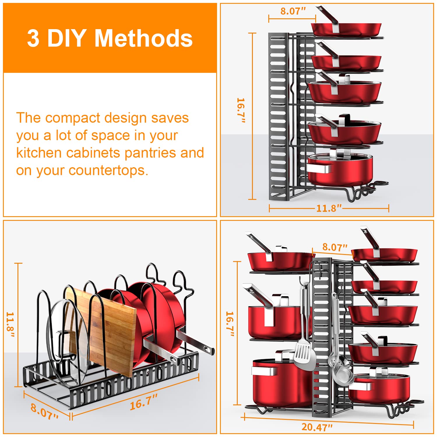 LeeWent Pots and Pans Organizer for Cabinet with 2 Hooks, Adjustable Pot and Pan Organizer Rack for Cabinet 8 Tiers Durable Steel Construction Pot Rack Space Saving Kitchen Storage