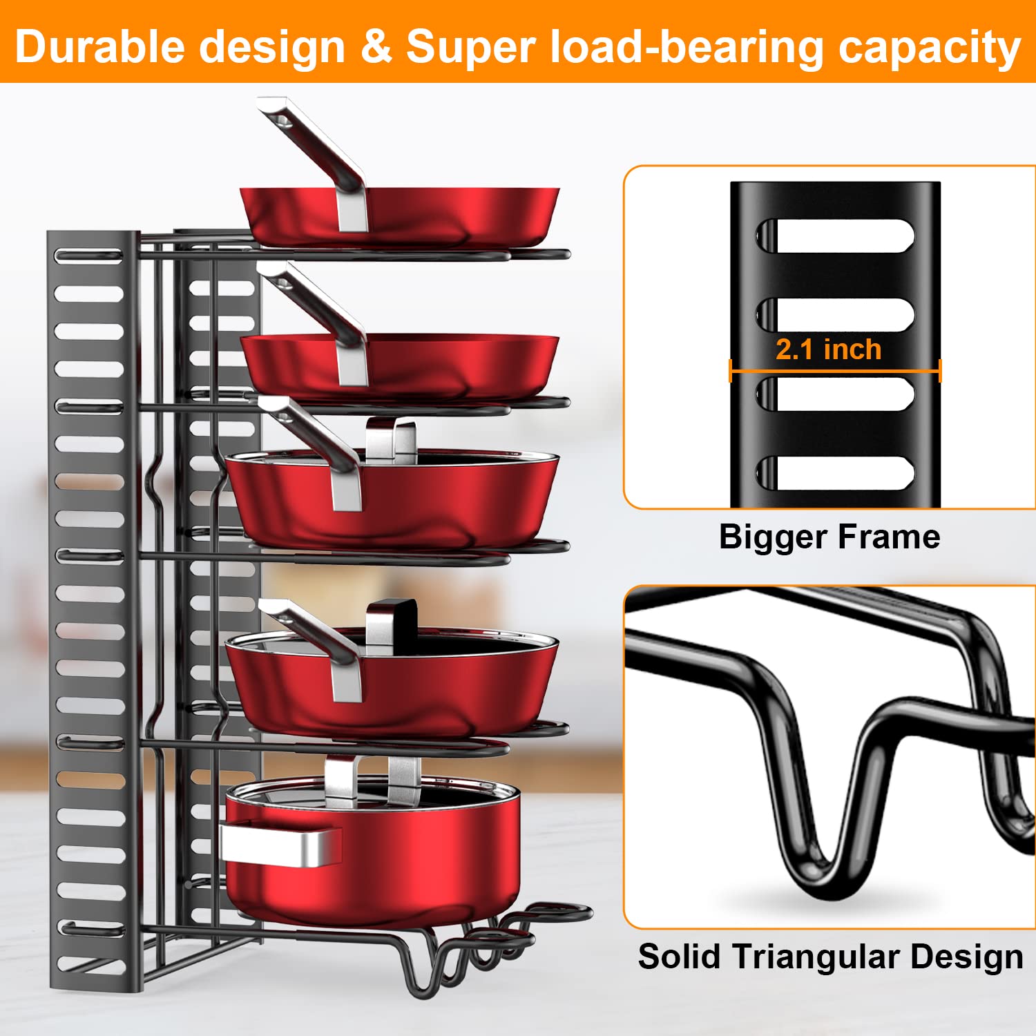 LeeWent Pots and Pans Organizer for Cabinet with 2 Hooks, Adjustable Pot and Pan Organizer Rack for Cabinet 8 Tiers Durable Steel Construction Pot Rack Space Saving Kitchen Storage