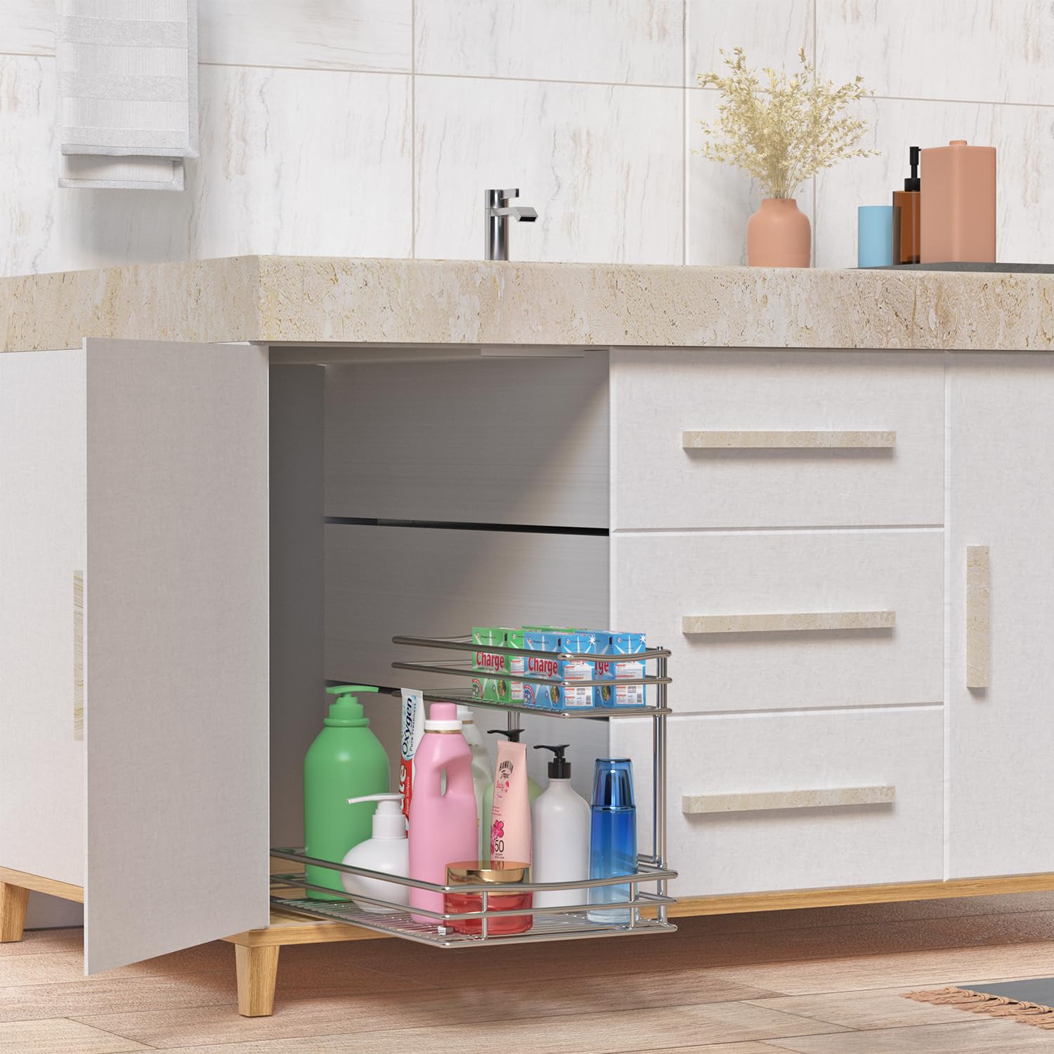 Pull Out Cabinet Organizer, 2 Tier Under Sink Organizers and Storage, Multi Purpose Sliding Cabinet Basket Organizer for Bathroom Kitchen Countertop Stainless Steel Shelf Holder 11.4Wx17.1Dx12.2H-Inch