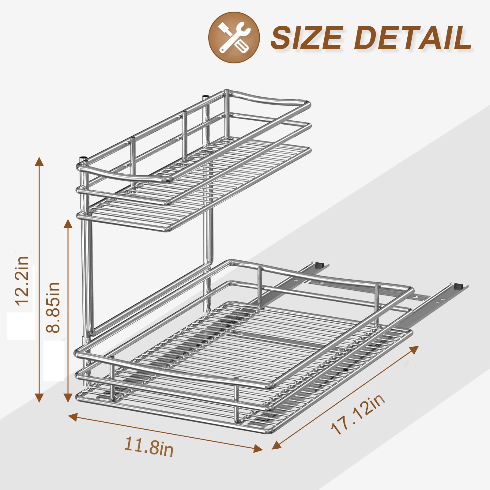 Pull Out Cabinet Organizer, 2 Tier Under Sink Organizers and Storage, Multi Purpose Sliding Cabinet Basket Organizer for Bathroom Kitchen Countertop Stainless Steel Shelf Holder 11.4Wx17.1Dx12.2H-Inch