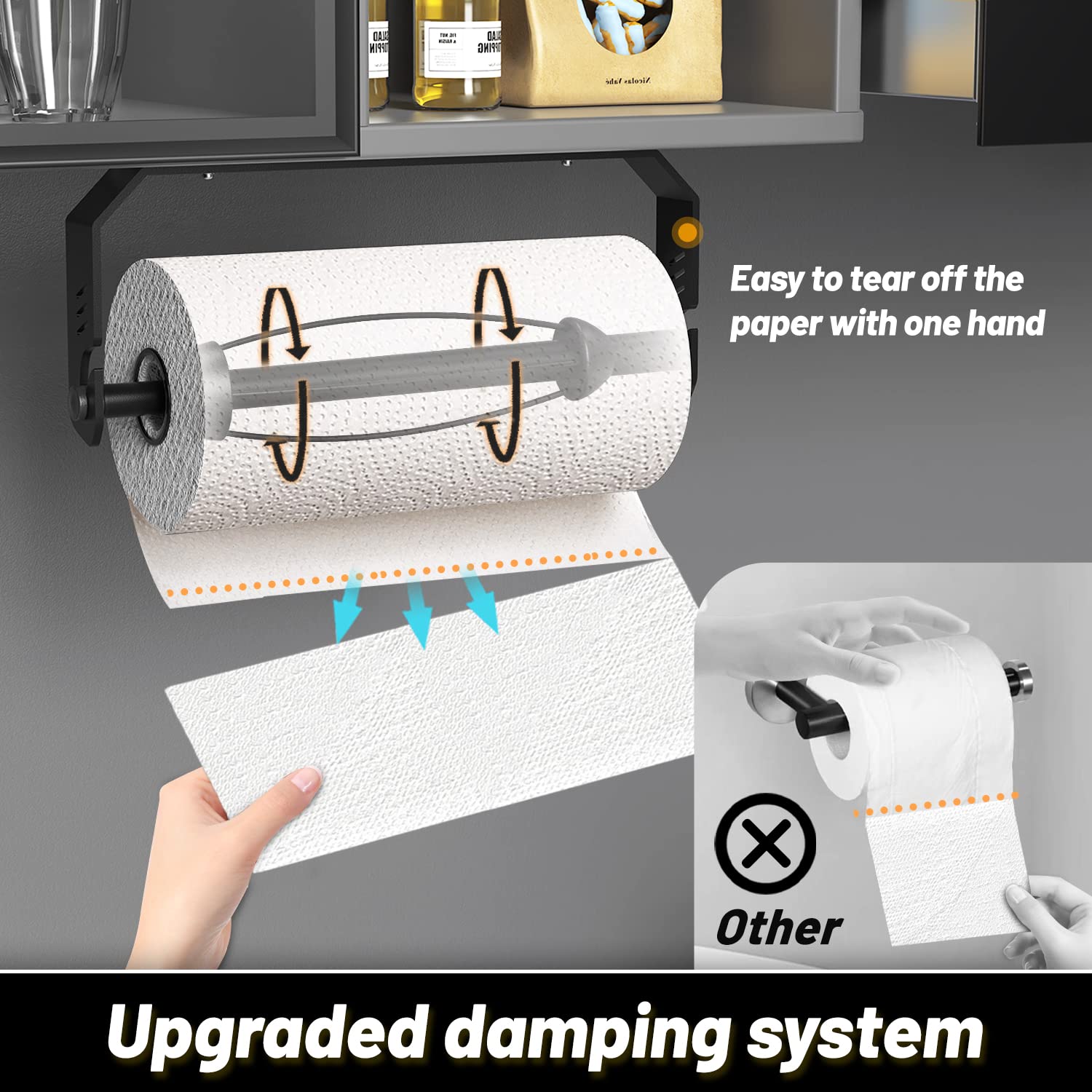 VEHHE Paper Towel Holder Under Cabinet, Perfect Tear Under Counter Paper Towel Holder, Adhesive or Drilling Paper Towel Roll Holder Wall Mount for Kitchen, Easy-Change Paper Towel Rack|Black