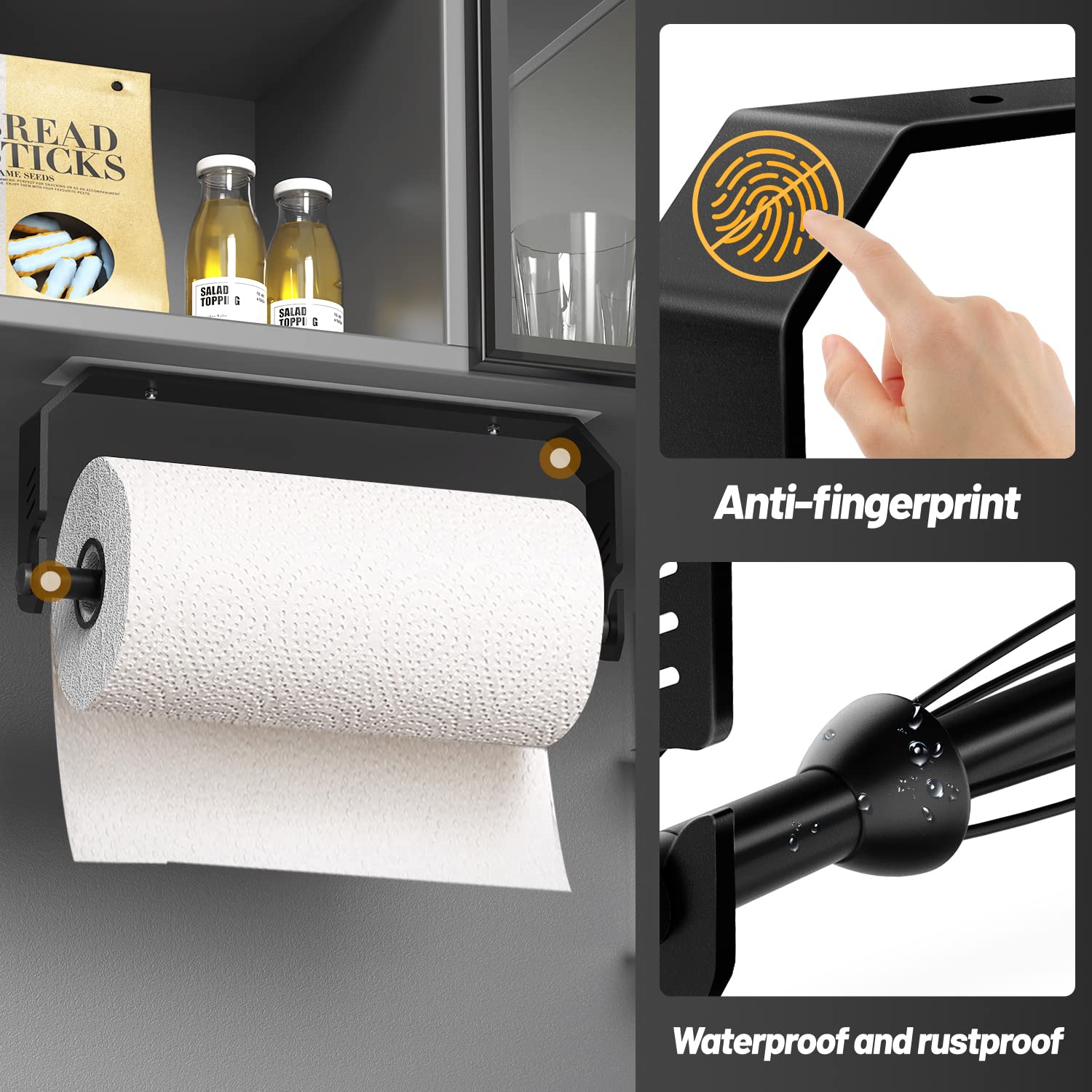 VEHHE Paper Towel Holder Under Cabinet, Perfect Tear Under Counter Paper Towel Holder, Adhesive or Drilling Paper Towel Roll Holder Wall Mount for Kitchen, Easy-Change Paper Towel Rack|Black