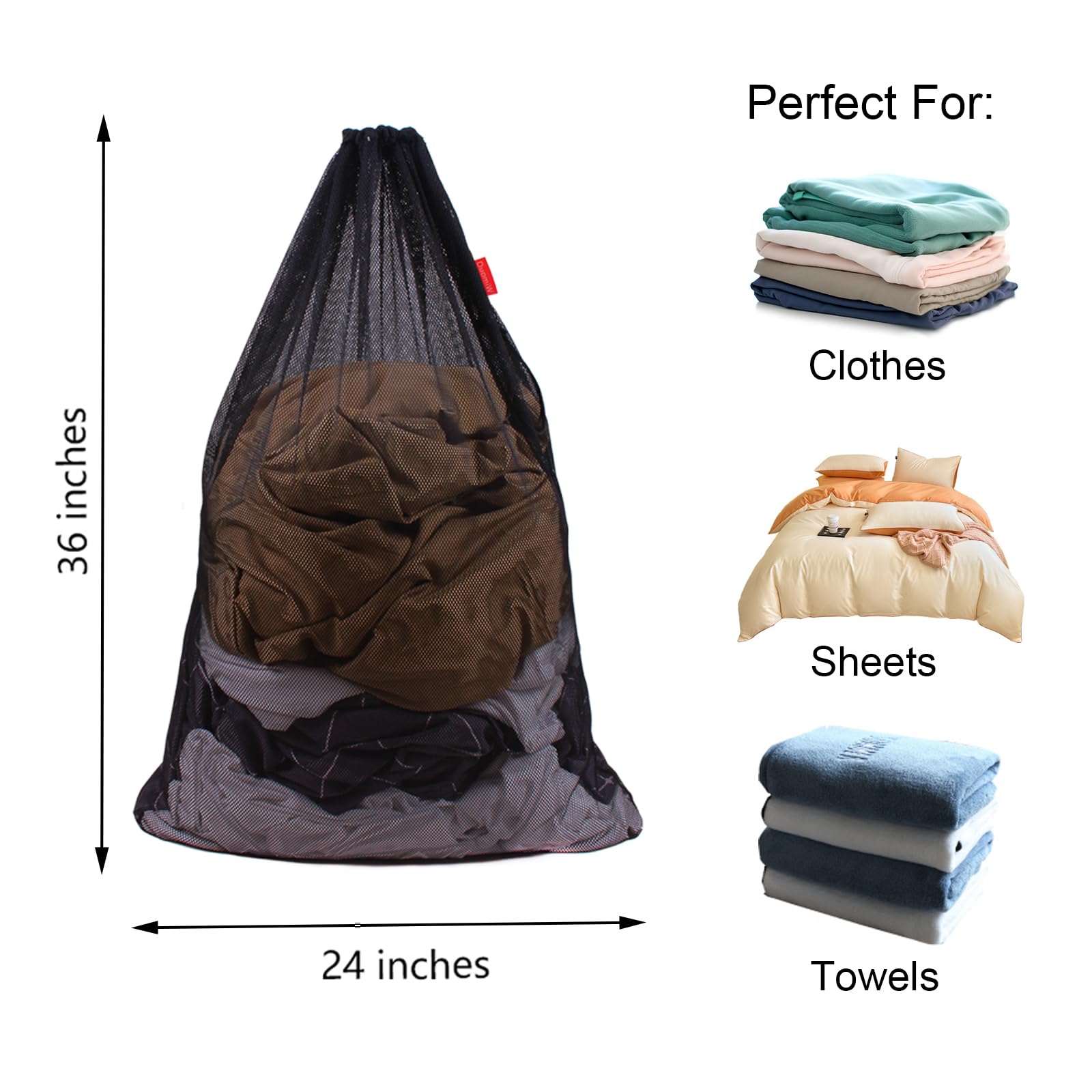 DuomiW Mesh Laundry Bag Heavy Duty Drawstring Bag, Factories, College, Dorm, Travel and Apartment Dwellers, 24 x 36 Inches, 2 Pack, Black