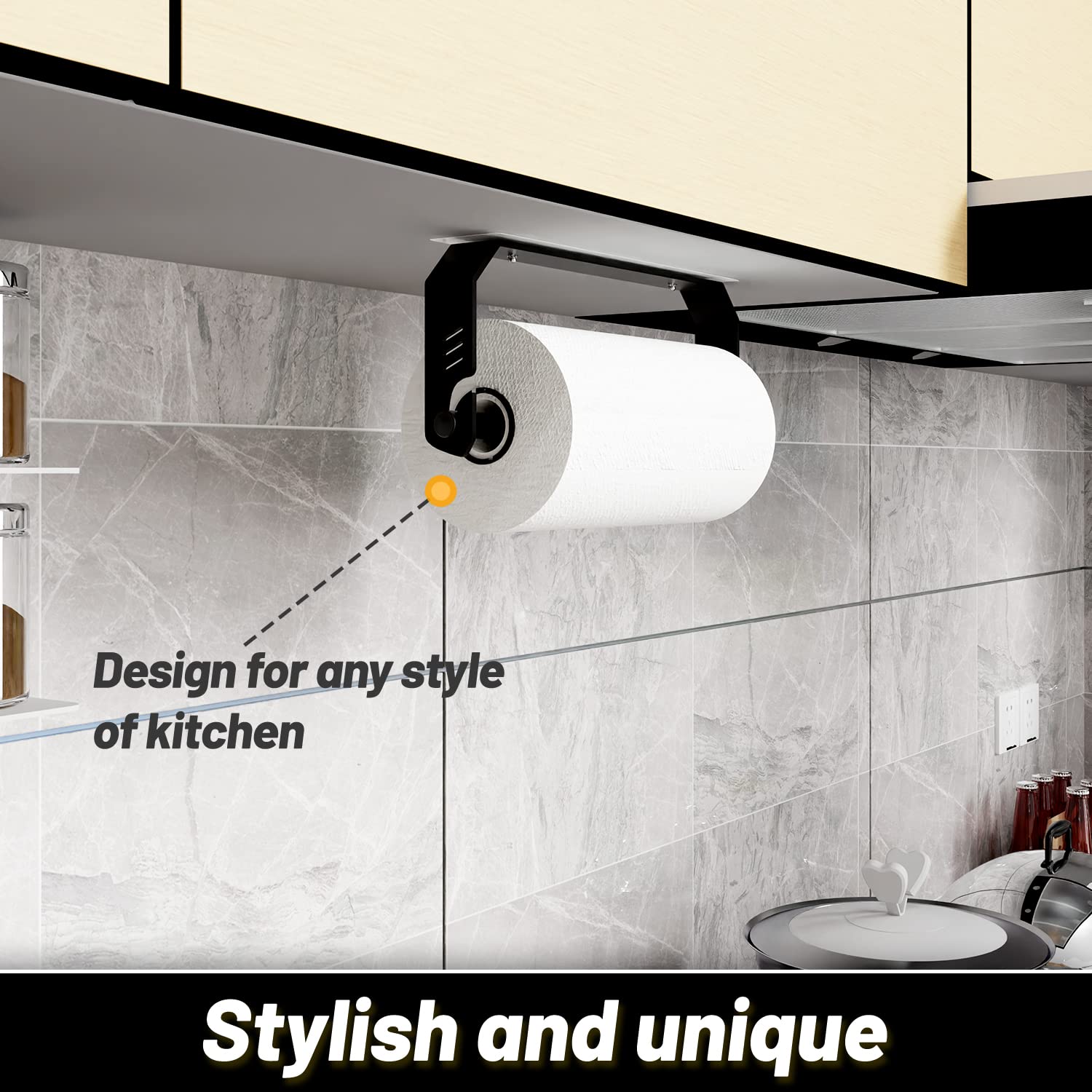 VEHHE Paper Towel Holder Under Cabinet, Perfect Tear Under Counter Paper Towel Holder, Adhesive or Drilling Paper Towel Roll Holder Wall Mount for Kitchen, Easy-Change Paper Towel Rack|Black