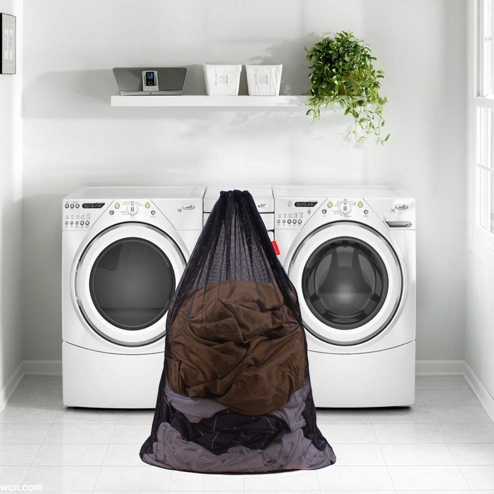 DuomiW Mesh Laundry Bag Heavy Duty Drawstring Bag, Factories, College, Dorm, Travel and Apartment Dwellers, 24 x 36 Inches, 2 Pack, Black