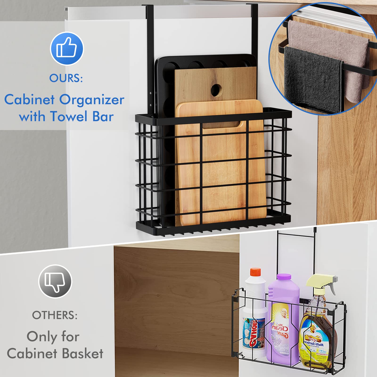 LIVOD Cabinet Door Organizer, Over The Cabinet Door Organizer with Double Towel Bars, Cutting Board Organizer with Towel Holder, Kitchen Cabinet Organier for Pantry, Baking Sheet, Plastic Wrap, Black