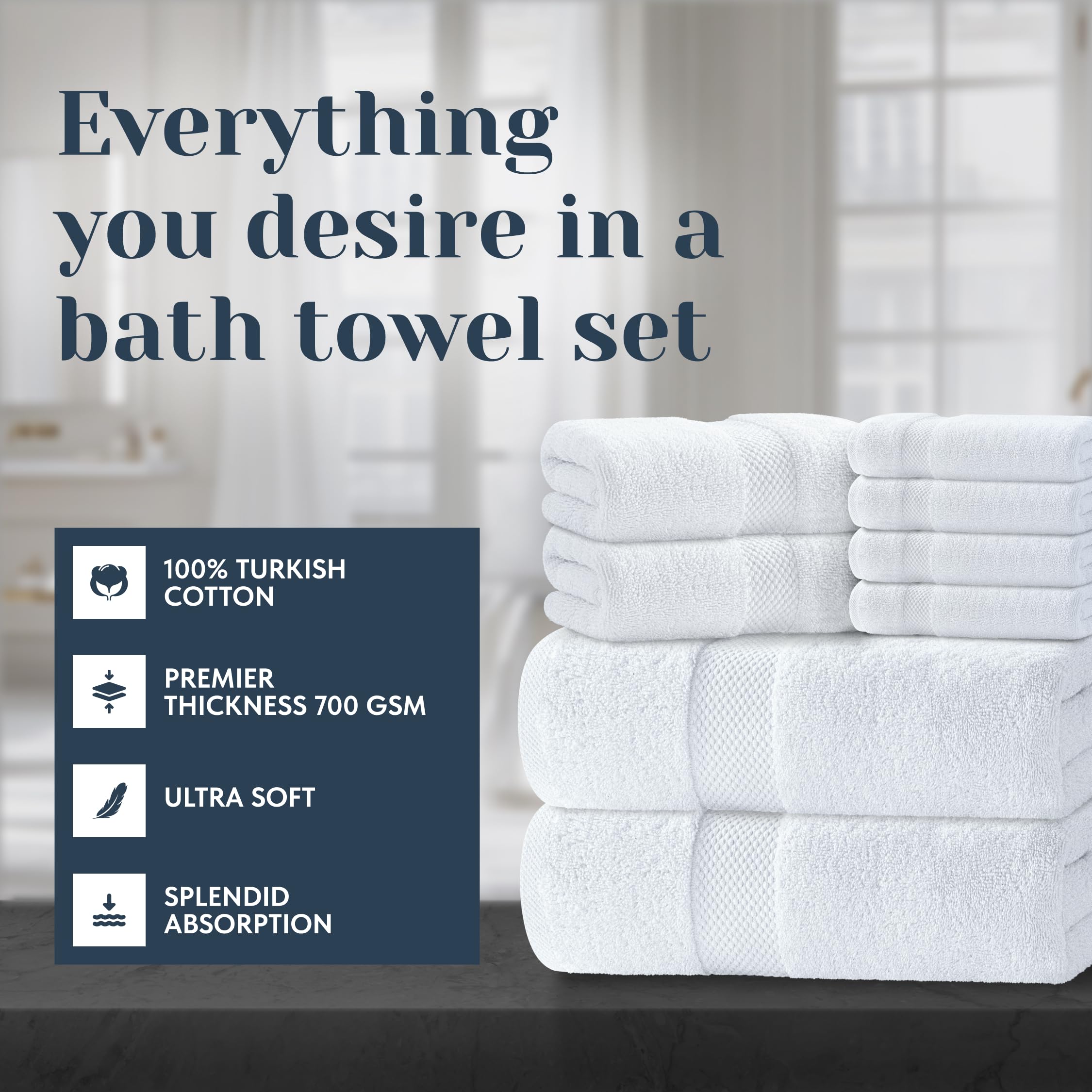 Luxury White Bath Towel Set - Combed Cotton Hotel Quality Absorbent 8 Piece Towels | 2 Bath Towels 700GSM | 2 Hand Towels | 4 Washcloths [Worth $72.95] 8Pc | White