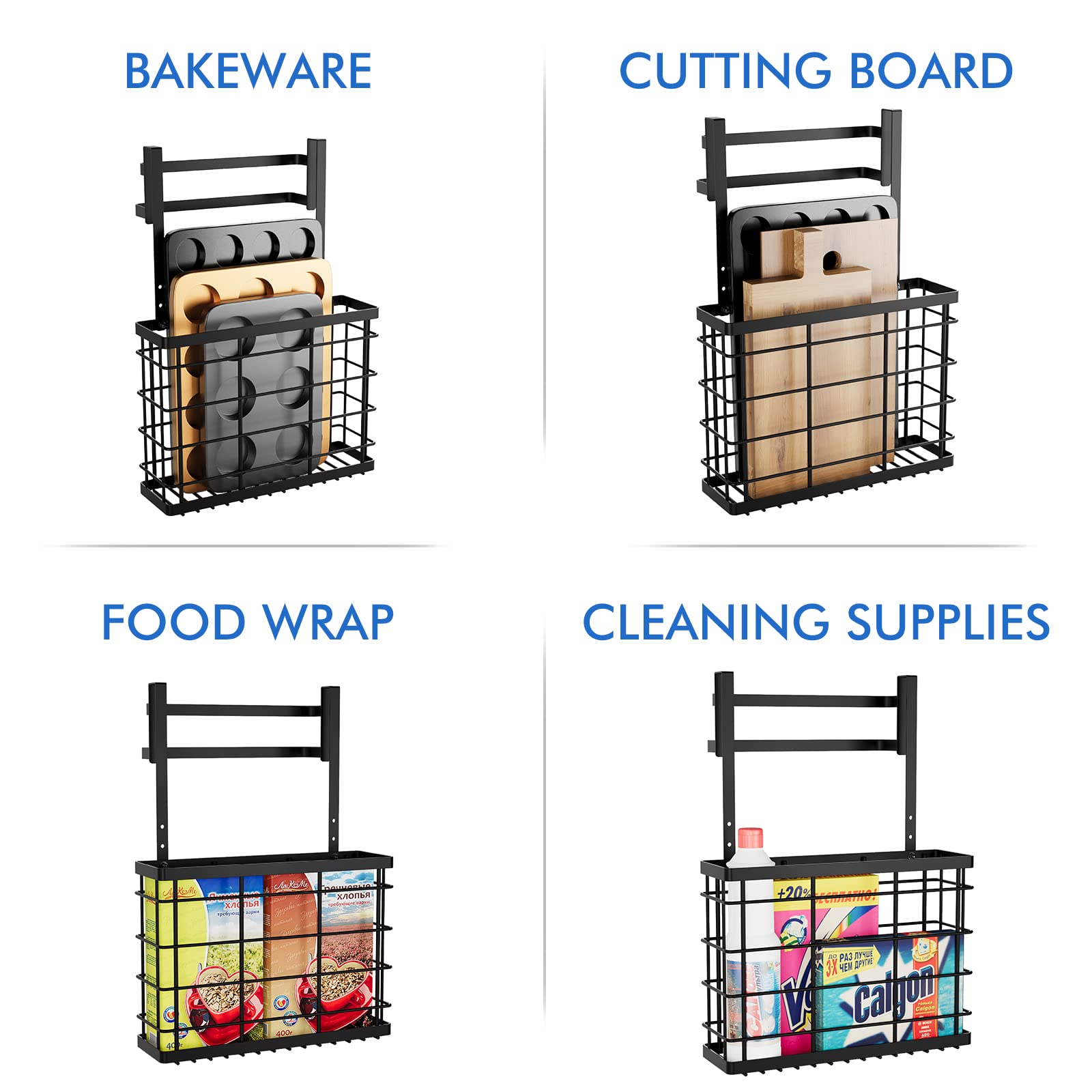 LIVOD Cabinet Door Organizer, Over The Cabinet Door Organizer with Double Towel Bars, Cutting Board Organizer with Towel Holder, Kitchen Cabinet Organier for Pantry, Baking Sheet, Plastic Wrap, Black
