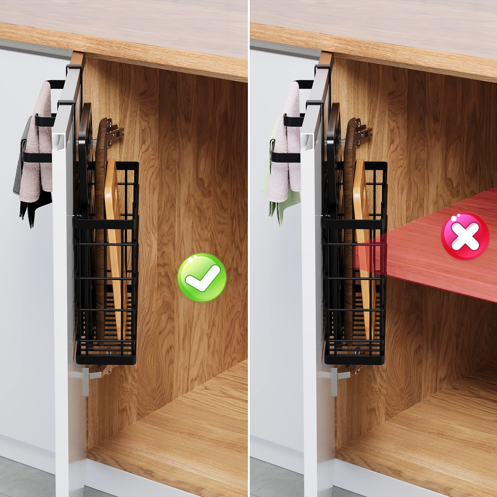LIVOD Cabinet Door Organizer, Over The Cabinet Door Organizer with Double Towel Bars, Cutting Board Organizer with Towel Holder, Kitchen Cabinet Organier for Pantry, Baking Sheet, Plastic Wrap, Black