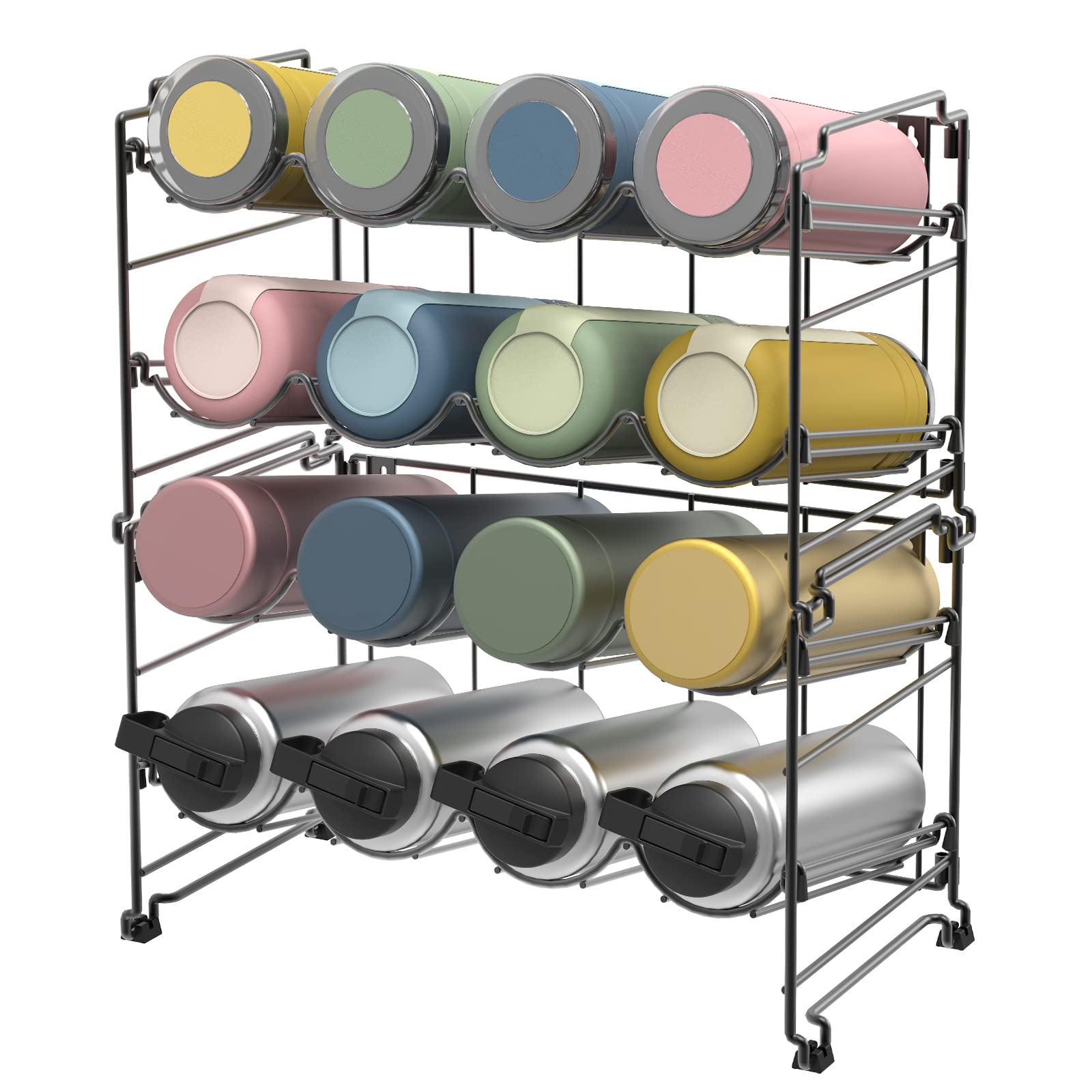 AULEDIO Adjustable Water Bottle Organizer, 4 Tier Stackable Bottle Organizer, Wall-Mounted Water Bottle Holder, Water Bottle Storage for Countertop, Cabinet, Kitchen, Brone