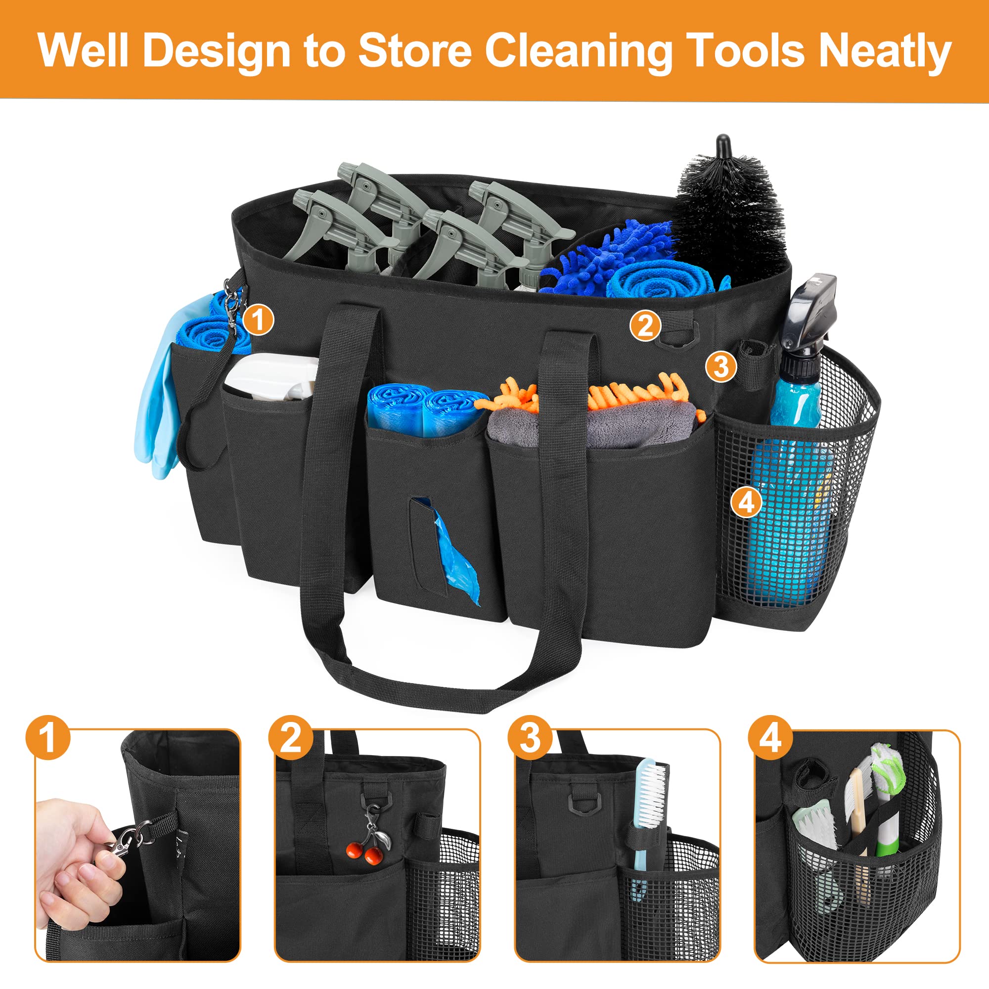 LoDrid Tote Cleaning Caddy with Dividers for Cleaning Supplies, Cleaning Bag Organizer with Handle Strap for Cleaning Work, Black, (Bag Only)