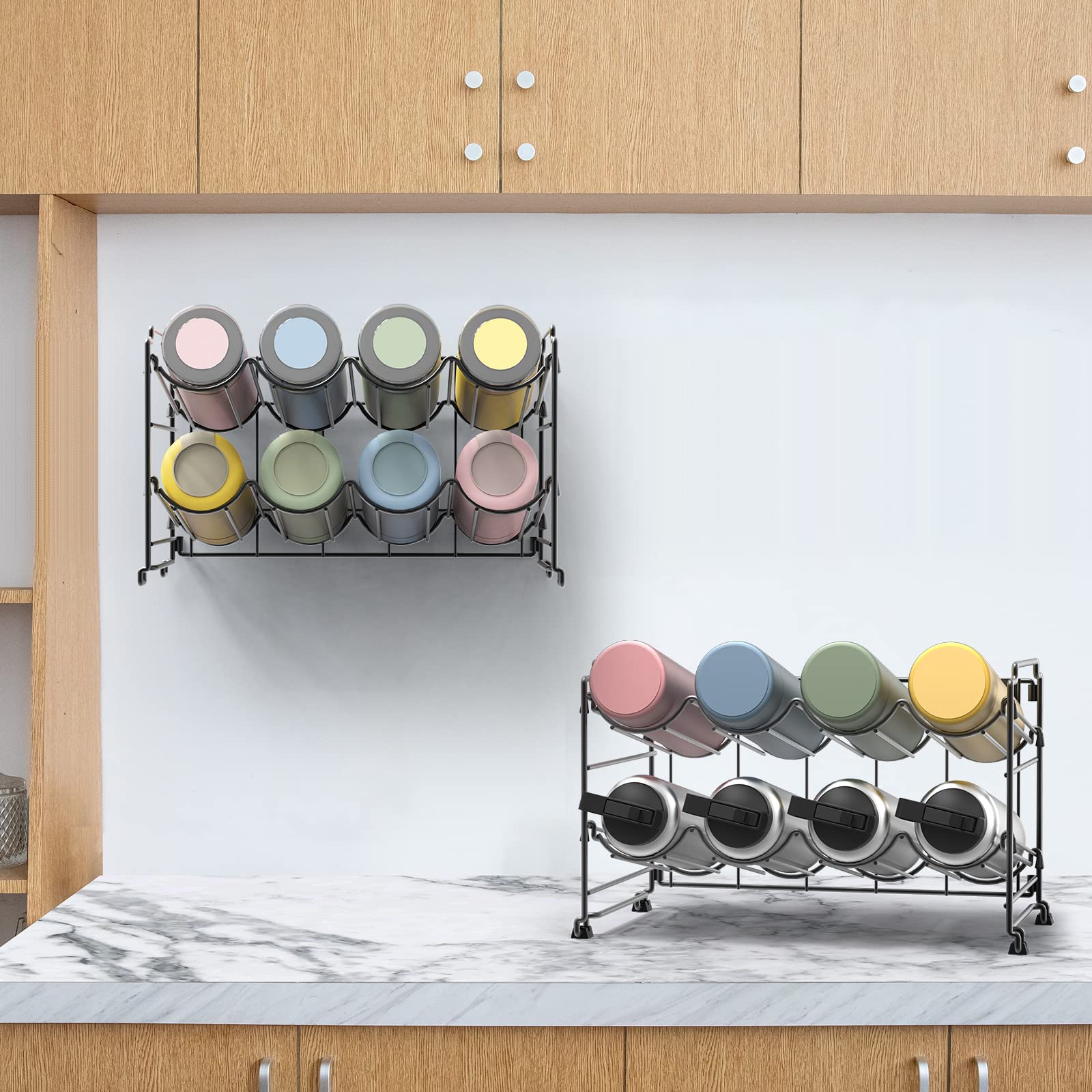 AULEDIO Adjustable Water Bottle Organizer, 4 Tier Stackable Bottle Organizer, Wall-Mounted Water Bottle Holder, Water Bottle Storage for Countertop, Cabinet, Kitchen, Brone