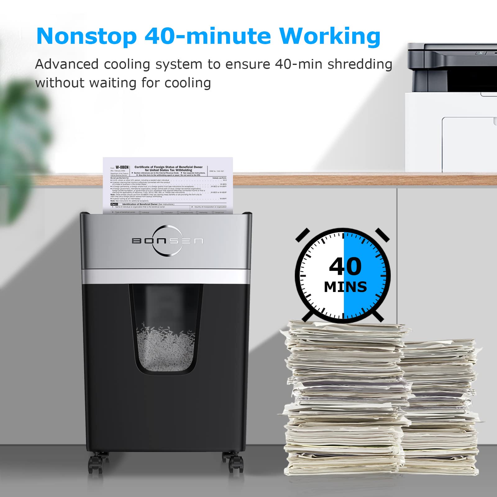 BONSEN 10-Sheet Super Quiet Micro-Cut Paper Shredder High Security Level P-5/50dB Ultra-Quiet/40-Minutes Shredding Shreds Credit Card/Staples, 5.3-Gallons Pullout Bin (S3106)