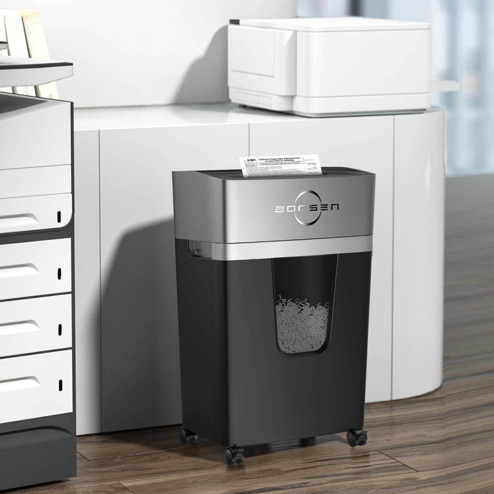 BONSEN 10-Sheet Super Quiet Micro-Cut Paper Shredder High Security Level P-5/50dB Ultra-Quiet/40-Minutes Shredding Shreds Credit Card/Staples, 5.3-Gallons Pullout Bin (S3106)