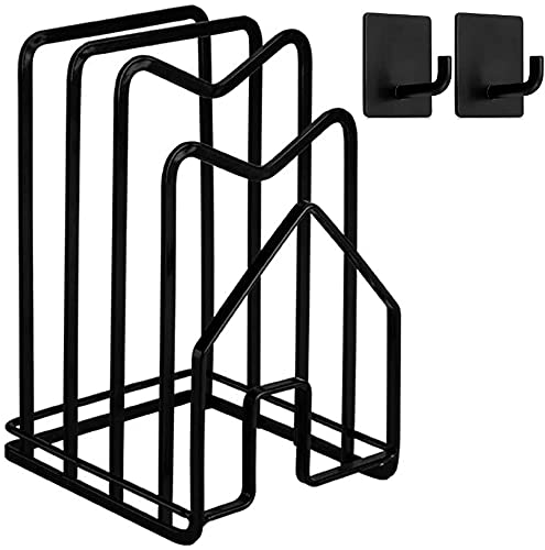 SUNFCON Cutting Board Holder Rack Pot Pan Lids Holder 2 Adhesive 304 Stainless Steel Hanging Hooks Chopping Board Organizer Thin Bakeware Tray Dry Display Stand Kitchen Countertop Cabinet Office Black