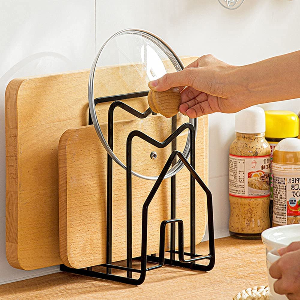 SUNFCON Cutting Board Holder Rack Pot Pan Lids Holder 2 Adhesive 304 Stainless Steel Hanging Hooks Chopping Board Organizer Thin Bakeware Tray Dry Display Stand Kitchen Countertop Cabinet Office Black