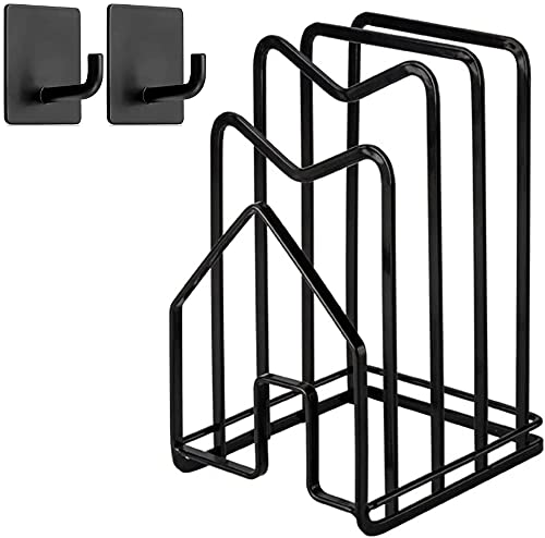 SUNFCON Cutting Board Holder Rack Pot Pan Lids Holder 2 Adhesive 304 Stainless Steel Hanging Hooks Chopping Board Organizer Thin Bakeware Tray Dry Display Stand Kitchen Countertop Cabinet Office Black
