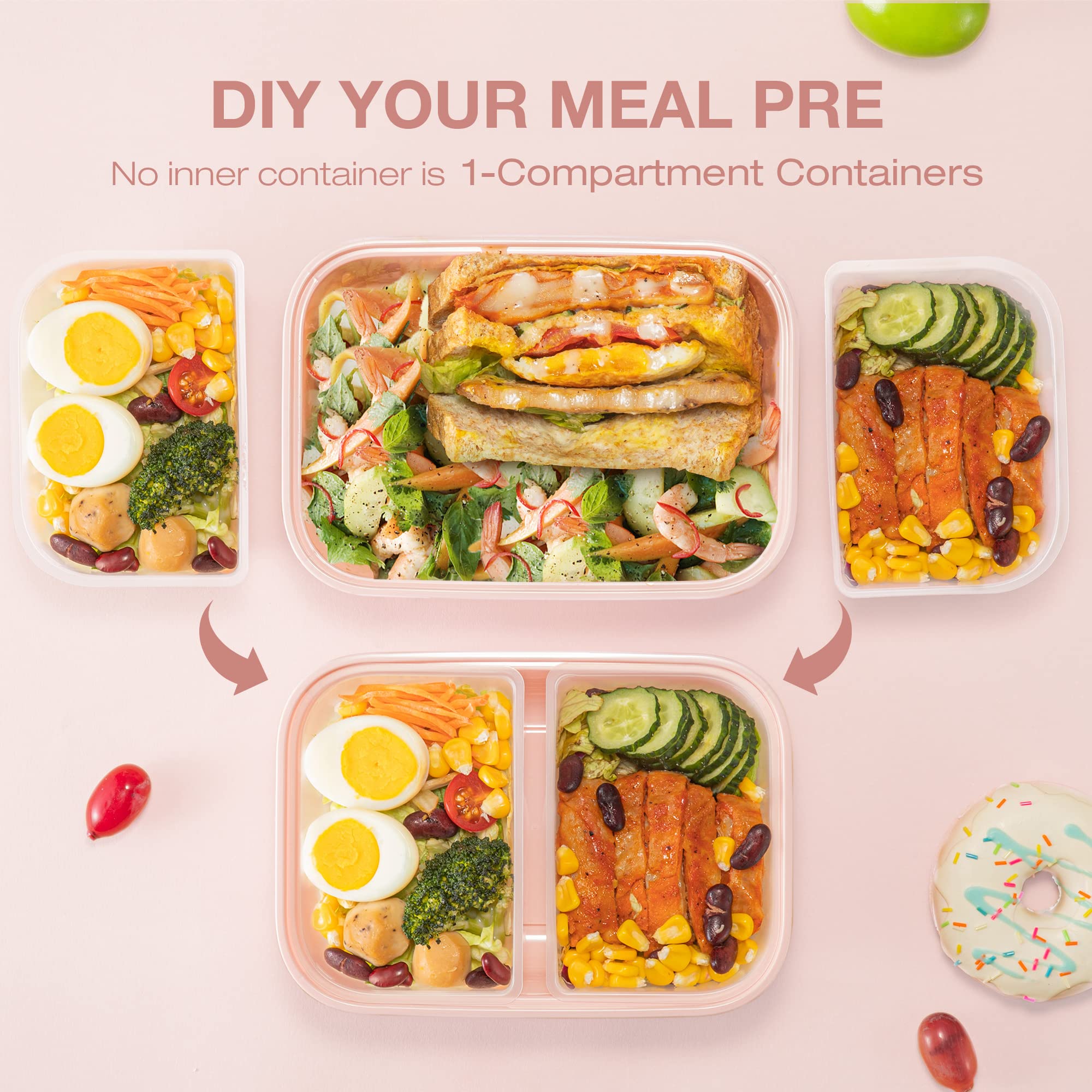 Glotoch Pink Meal Prep Containers Reusable,38OZ 1or2 Compartment To Go Containers, Double Use as Divided Plastic Food Prep Containers with Lids for Lunch, Microwave&Freezer Safe, BPA-Free,30 Packs