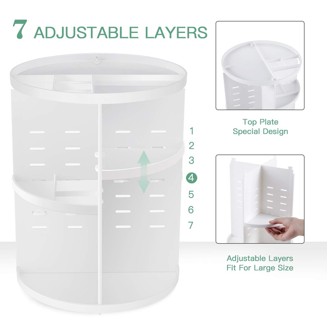 seinlife 360 Rotating Makeup Organizer,DIY Adjustable Spinning Holder,Foldable Cosmetic Storage Display box,Large Capacity Make up Caddy Shelf,Fits Countertop Vanity and Bathroom (WHITE)