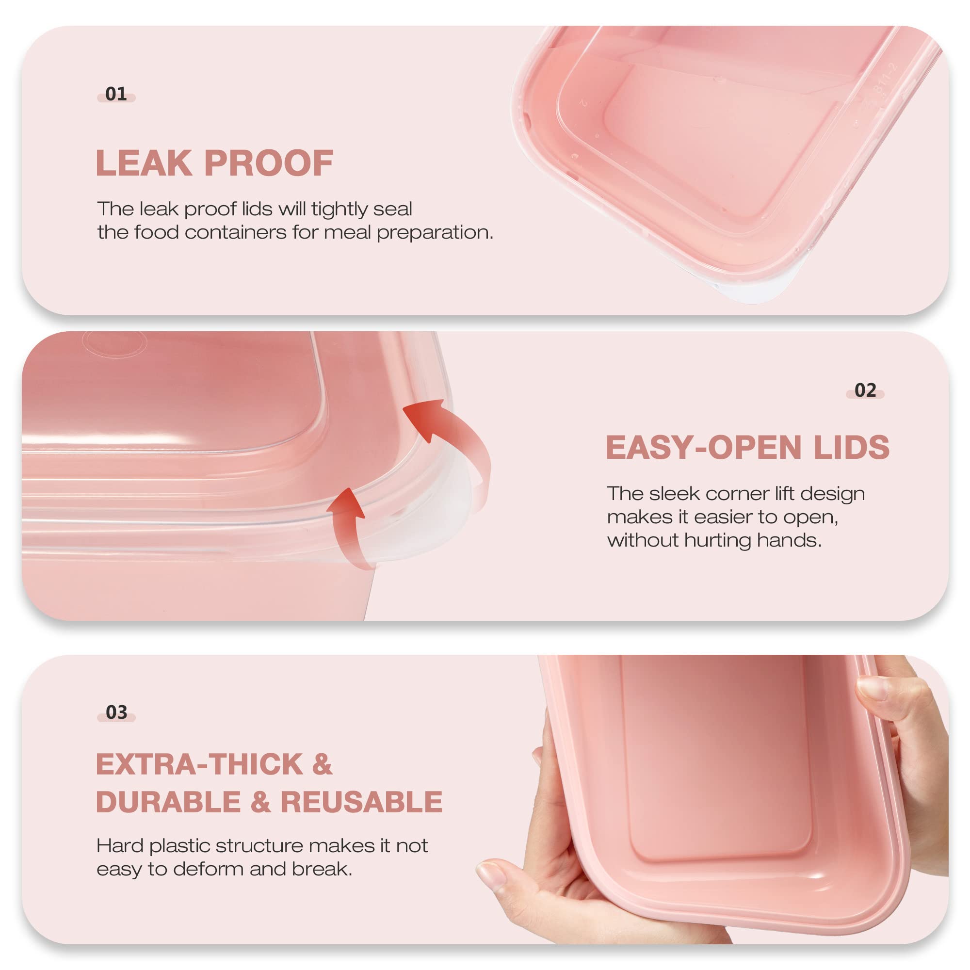 Glotoch Pink Meal Prep Containers Reusable,38OZ 1or2 Compartment To Go Containers, Double Use as Divided Plastic Food Prep Containers with Lids for Lunch, Microwave&Freezer Safe, BPA-Free,30 Packs
