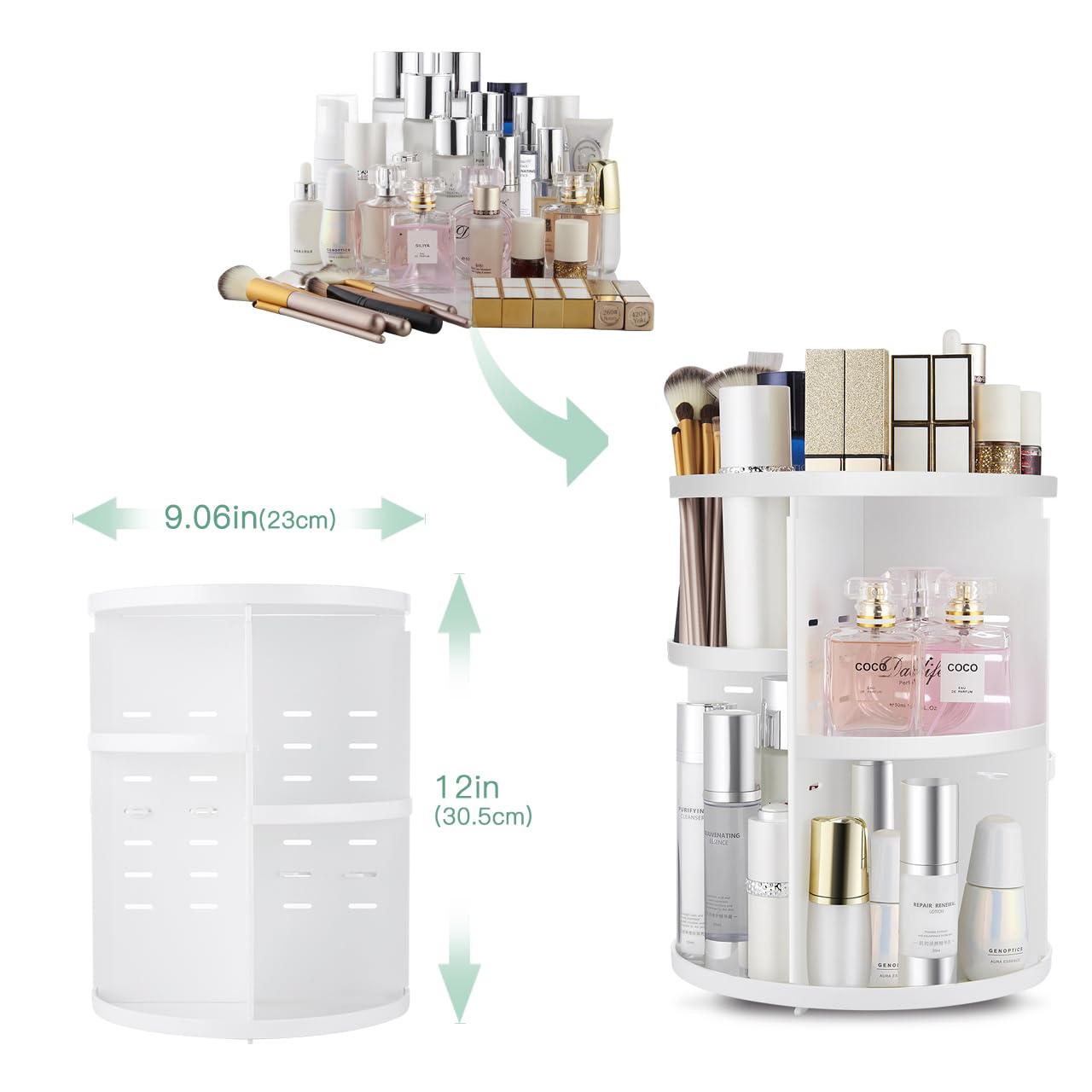 seinlife 360 Rotating Makeup Organizer,DIY Adjustable Spinning Holder,Foldable Cosmetic Storage Display box,Large Capacity Make up Caddy Shelf,Fits Countertop Vanity and Bathroom (WHITE)