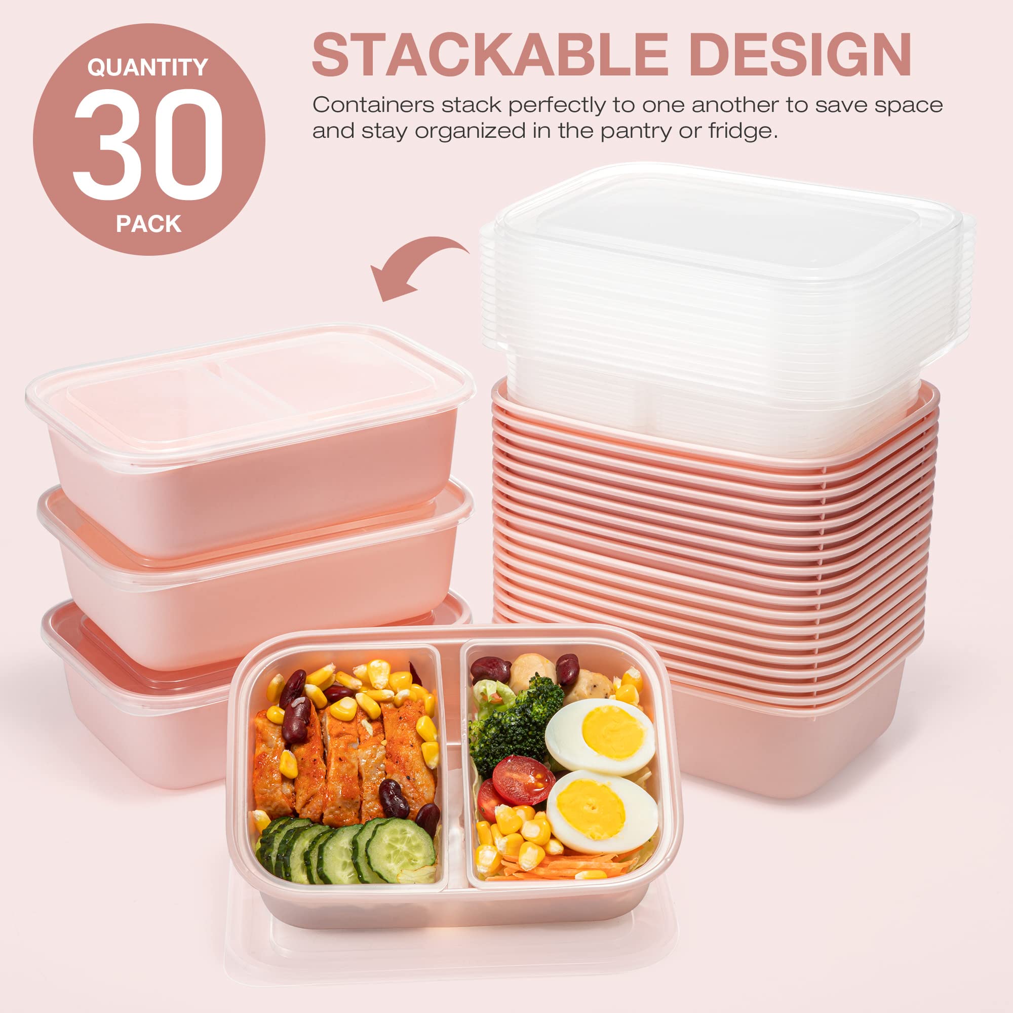 Glotoch Pink Meal Prep Containers Reusable,38OZ 1or2 Compartment To Go Containers, Double Use as Divided Plastic Food Prep Containers with Lids for Lunch, Microwave&Freezer Safe, BPA-Free,30 Packs