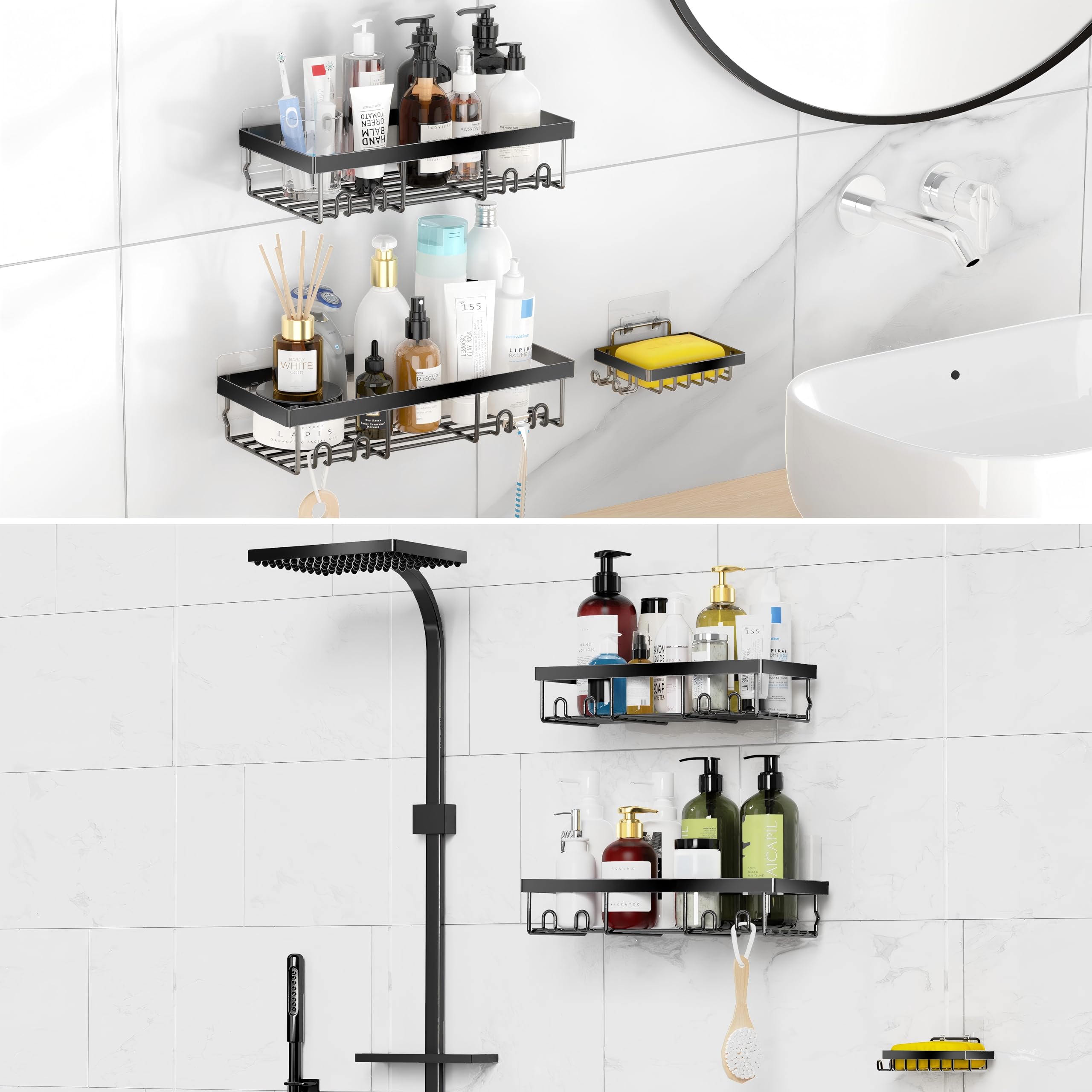 Moforoco 3-Pack Shower Caddy Basket Shelf with Soap Holder, No Drilling Traceless Adhesive Shower Wall Shelves, Rustproof Black Bathroom Shower Storage Organizerā¦