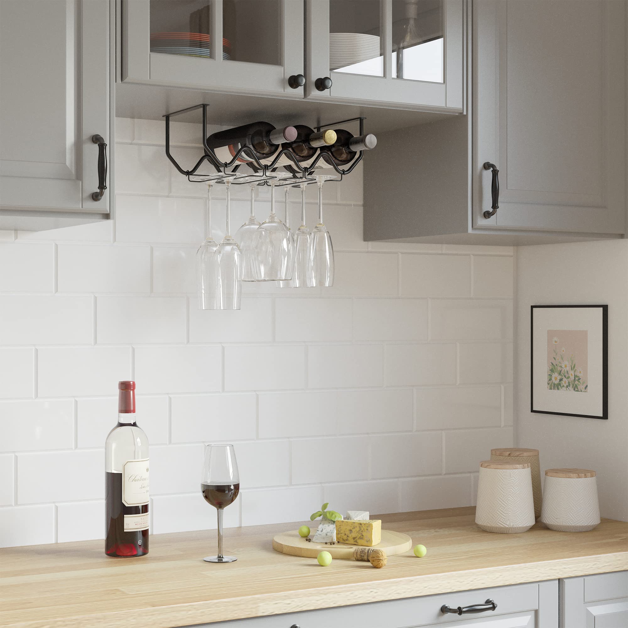 Wallniture Piccola Under Cabinet Wine Rack & Glasses Holder Kitchen Organization with 4 Bottle Organizer Metal Black