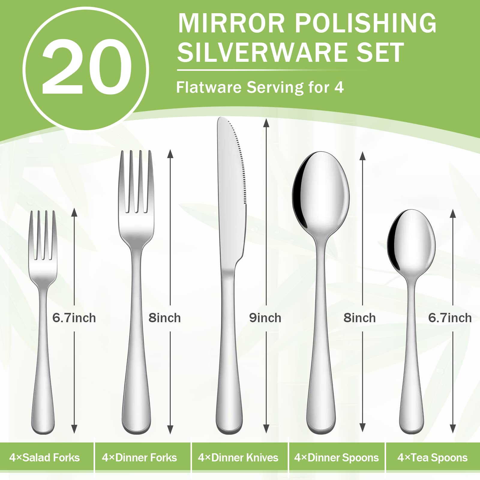 TIMGOU 20 Pcs Silverware Set with Organizer, 18/8 Stainless Steel Cutlery Set with Utensils Bamboo Tray for Kitchen Drawer, Serving Flatware for 4 with Storage Holder