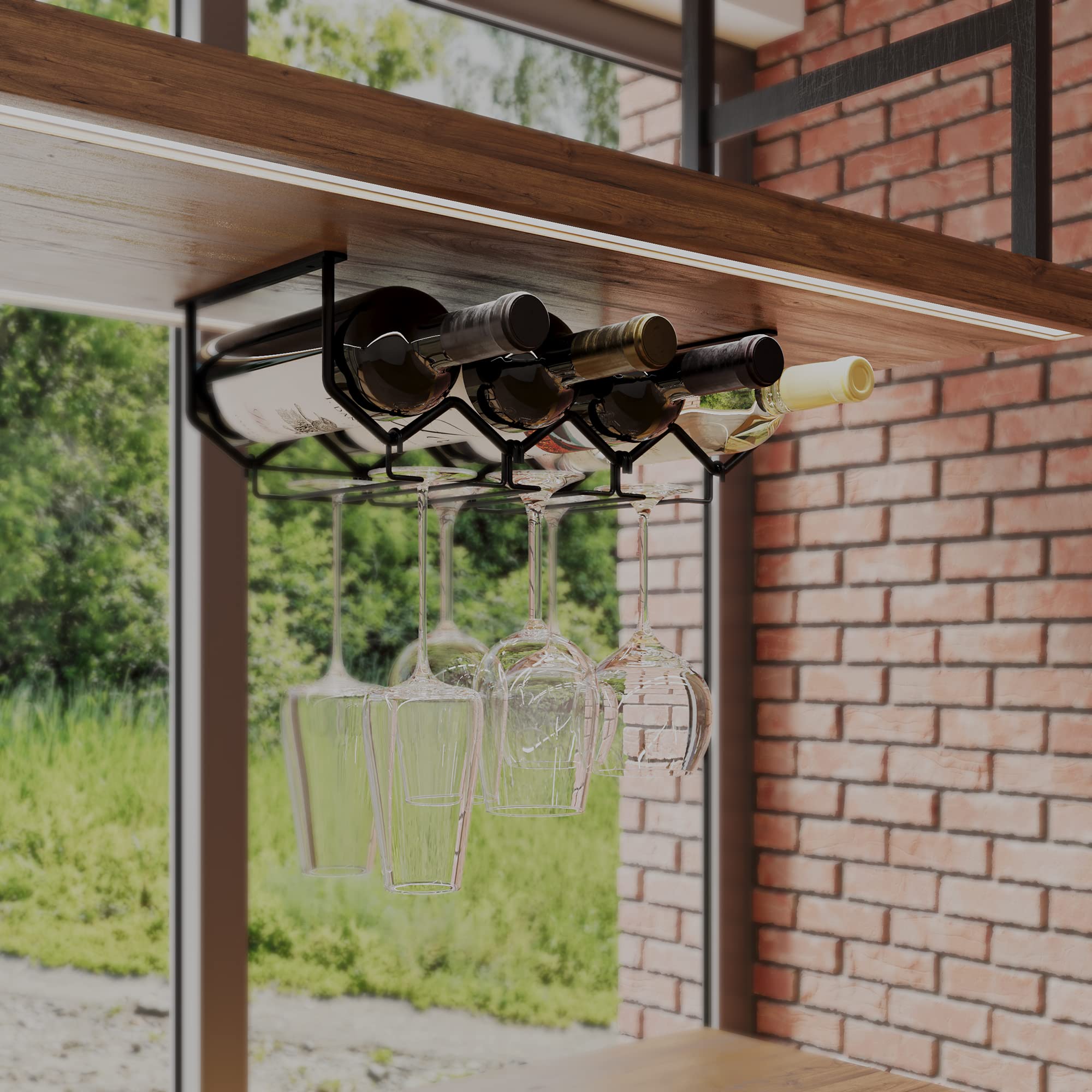 Wallniture Piccola Under Cabinet Wine Rack & Glasses Holder Kitchen Organization with 4 Bottle Organizer Metal Black