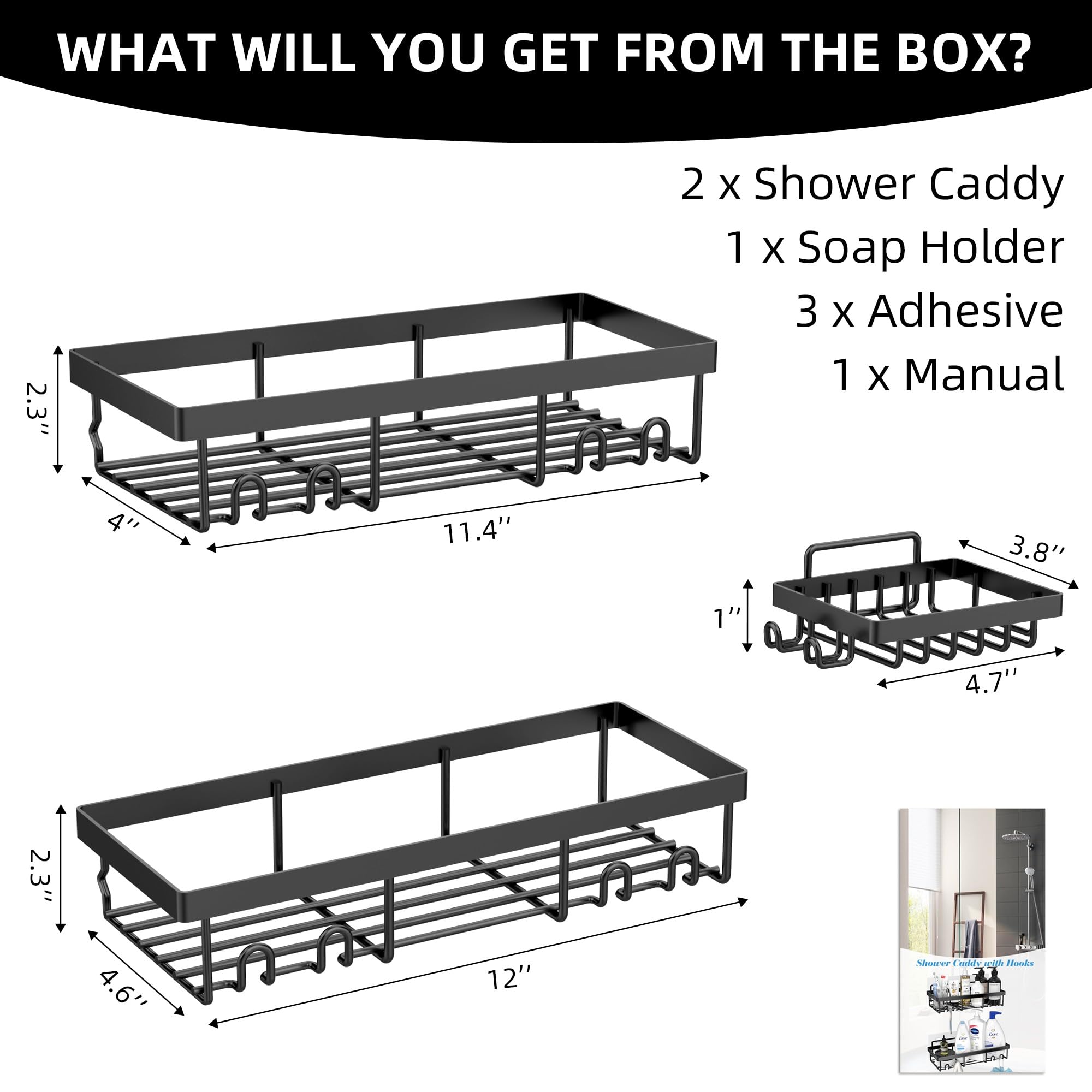 Moforoco 3-Pack Shower Caddy Basket Shelf with Soap Holder, No Drilling Traceless Adhesive Shower Wall Shelves, Rustproof Black Bathroom Shower Storage Organizerā¦