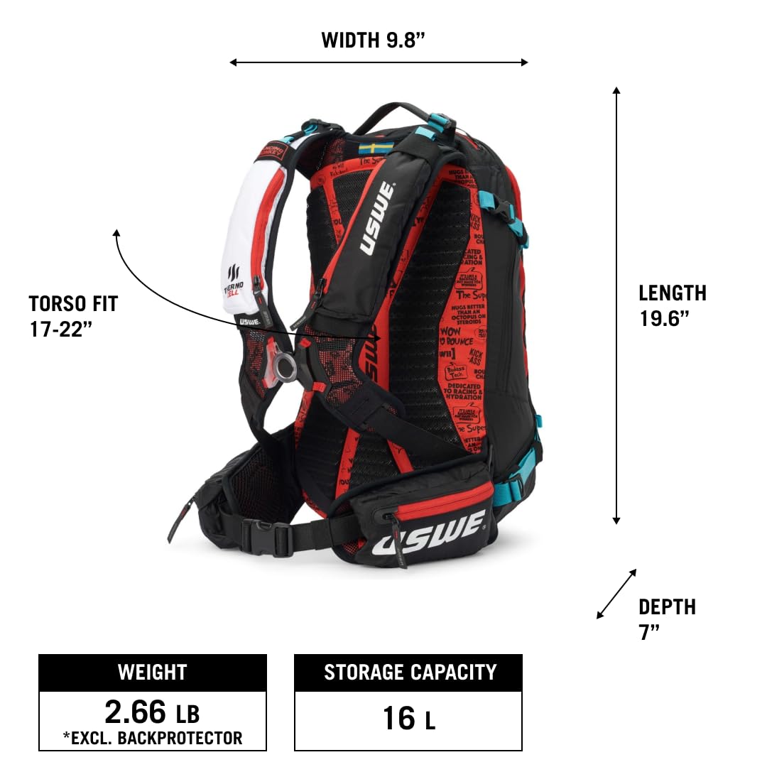 USWE Pow 16L, Ski and Snowboard Backpack with Back Protector, for Men and Women. Insulated Snow Hydration Pack with Thermo Cell Freeze Protection. Bounce Free. Black.
